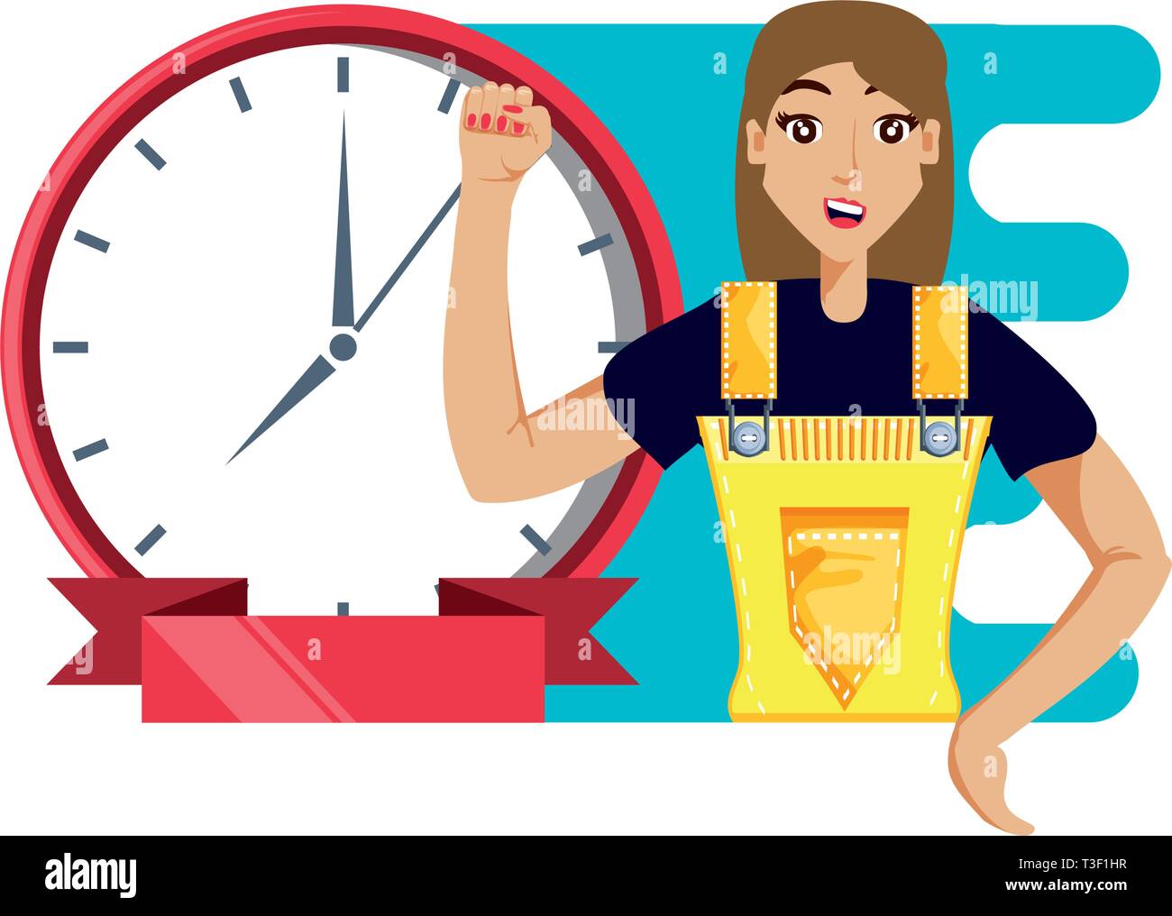 worker construction woman with clock time vector illustration design ...