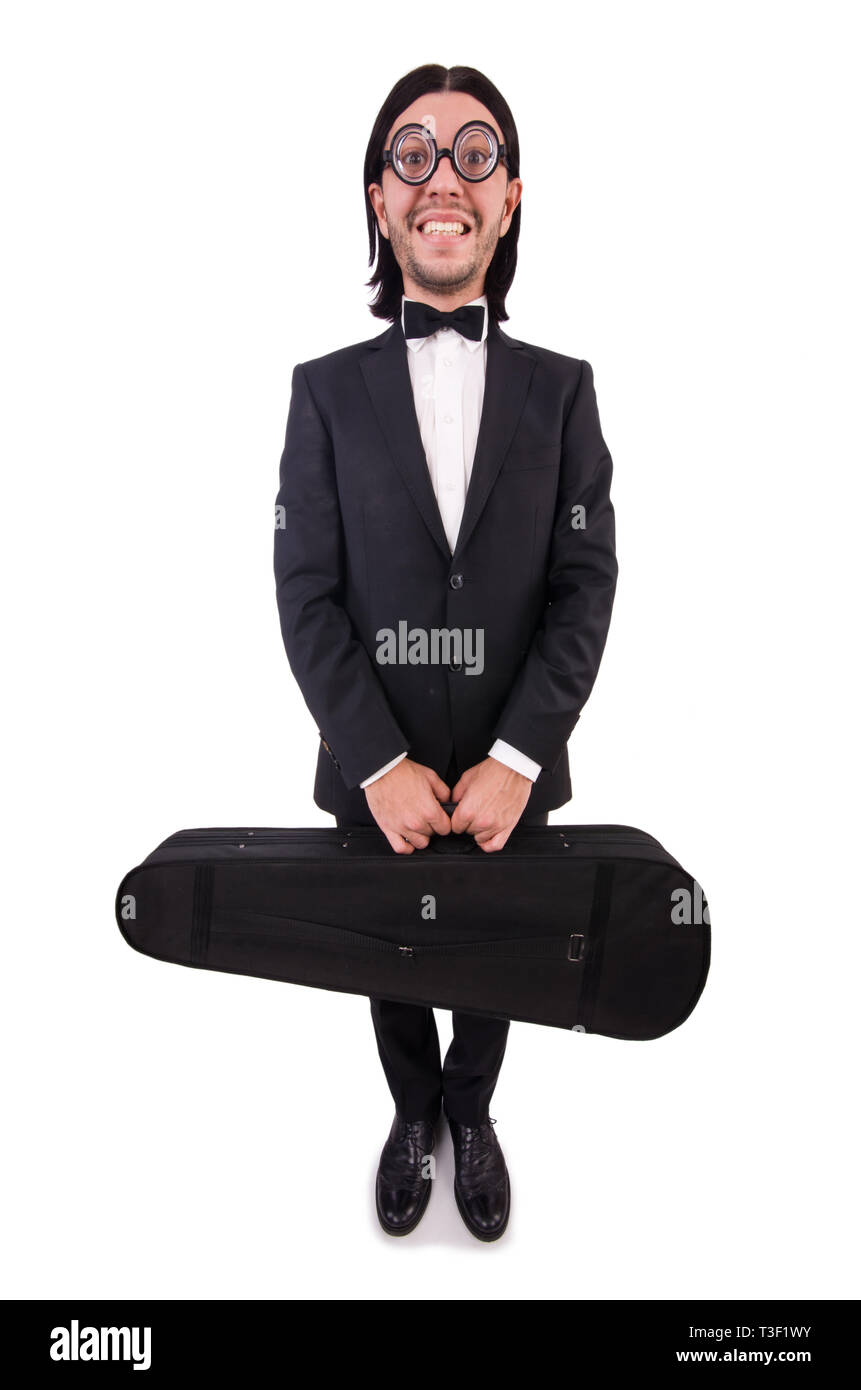Man with violin case isolated on white Stock Photo - Alamy