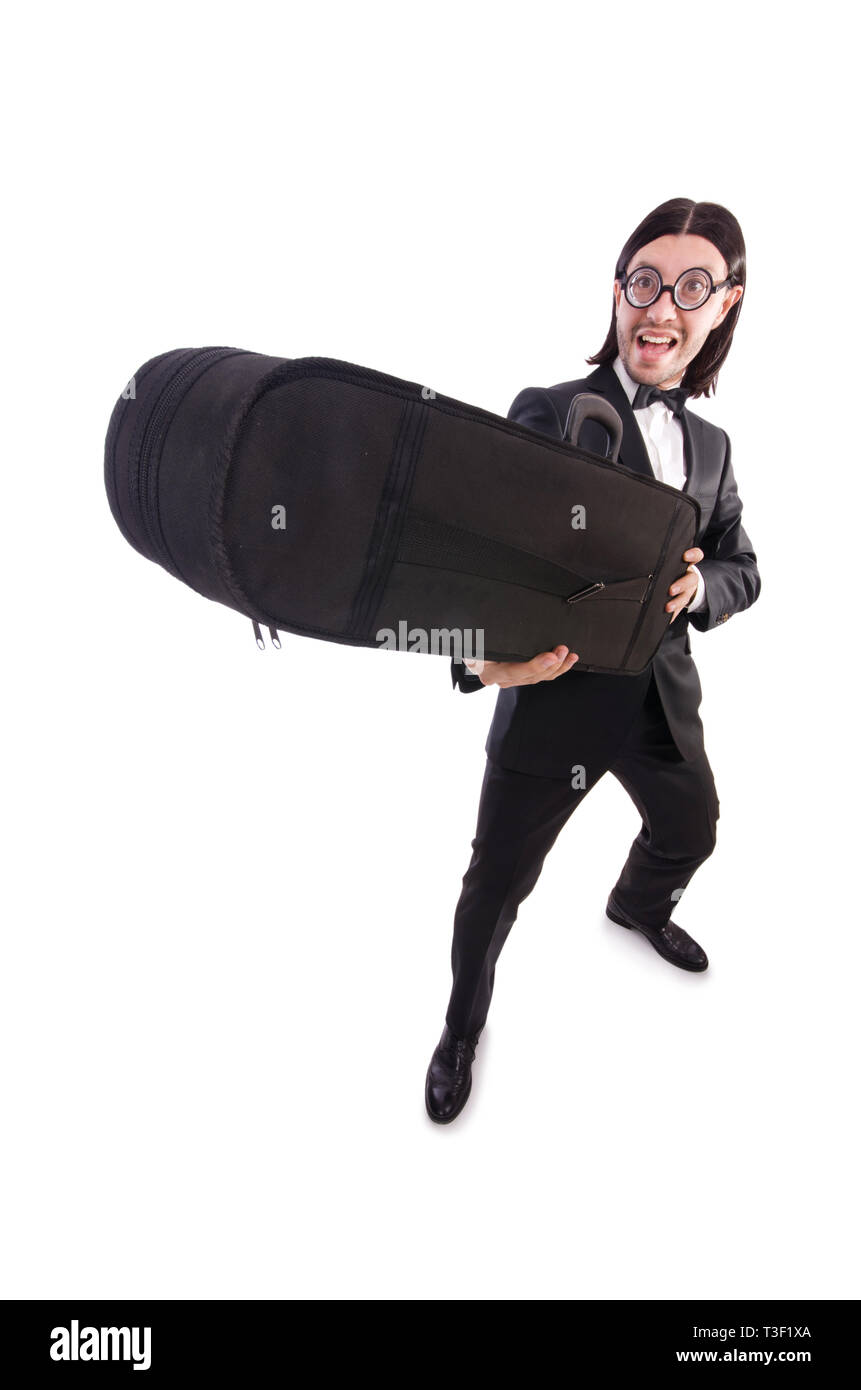 Man with violin case isolated on white Stock Photo - Alamy