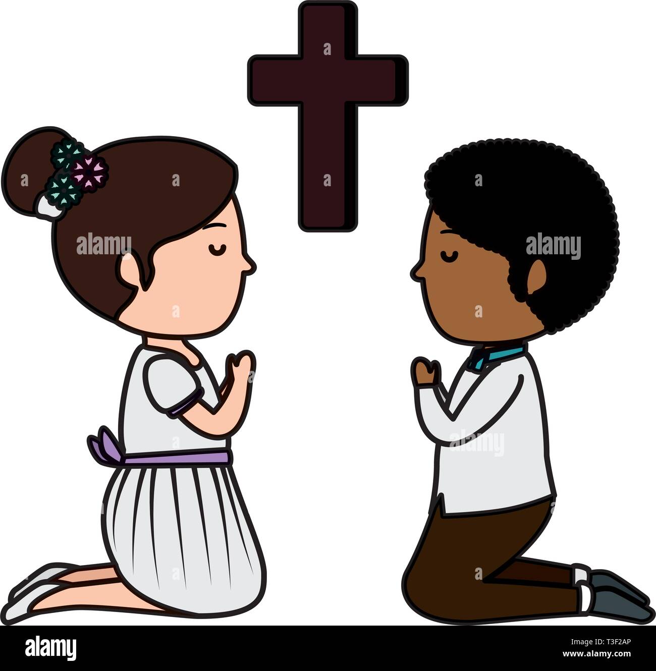 little kids kneeling with cross first communion Stock Vector Image ...