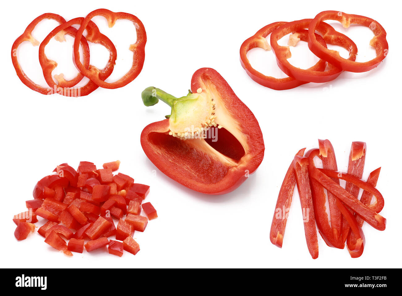 Set of fresh whole and sliced sweet red pepper - isolated on white ...