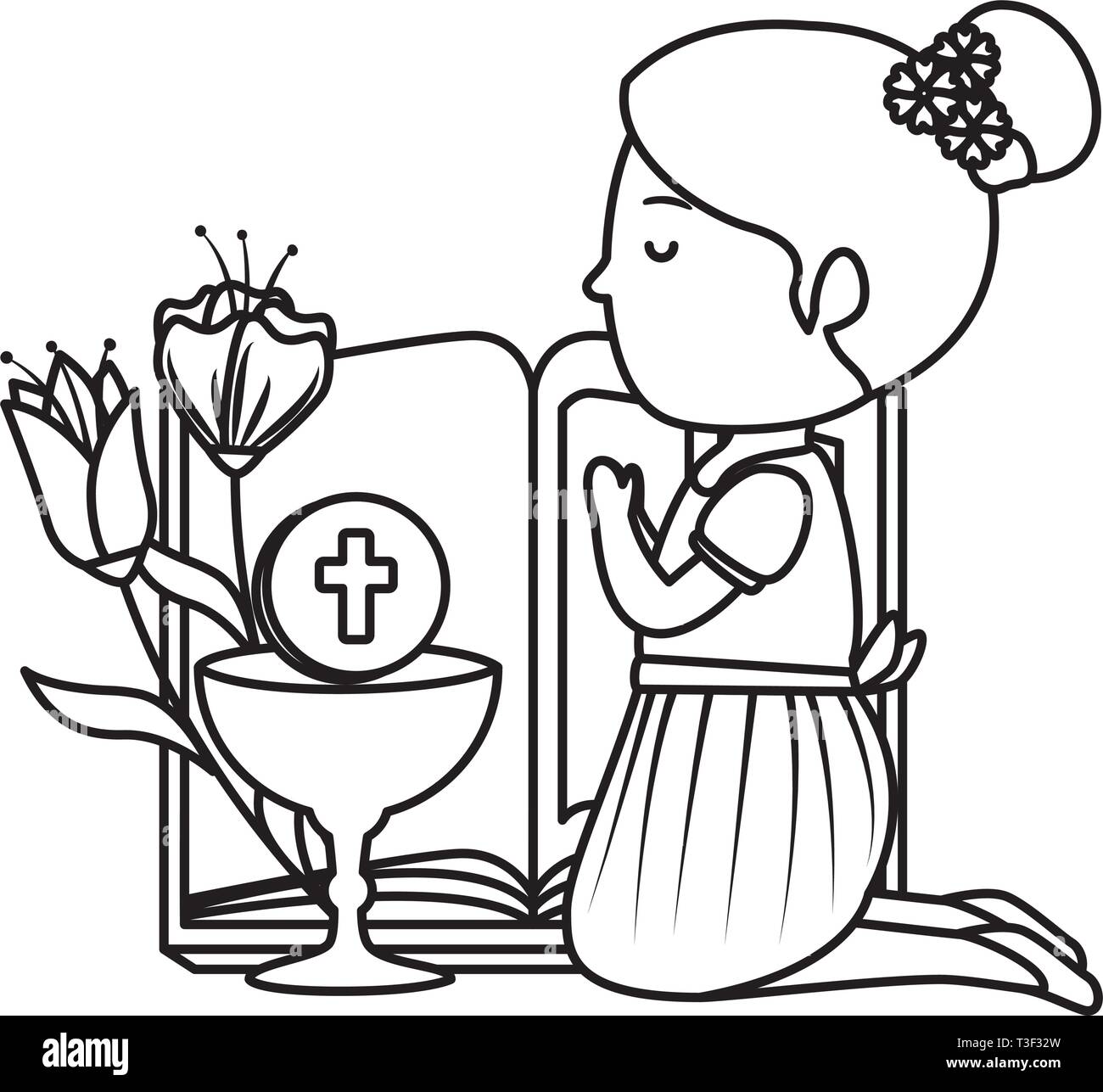 little kneeling girl with bible and flowers first communion Stock ...
