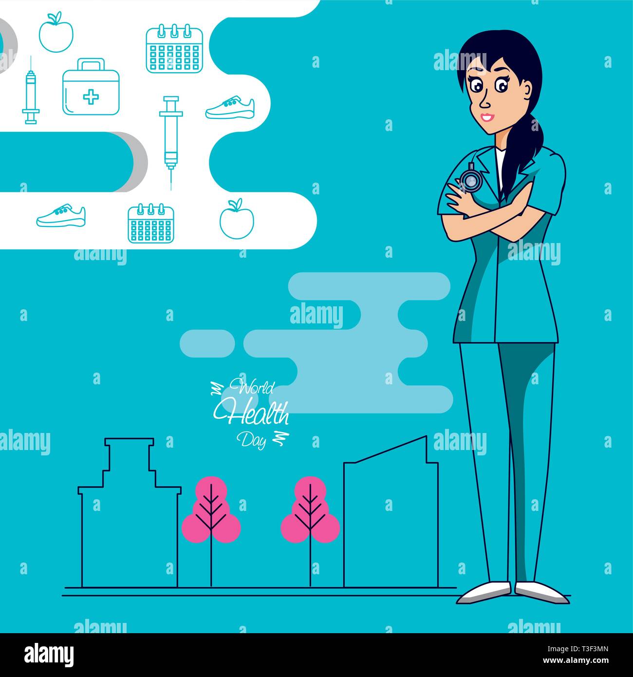 world health day with female surgeon and set icons vector illustration ...