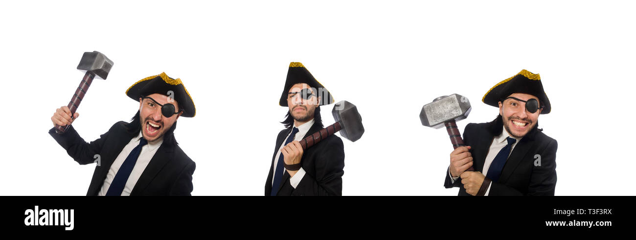 Pirate businessman with hammer isolated on white Stock Photo - Alamy