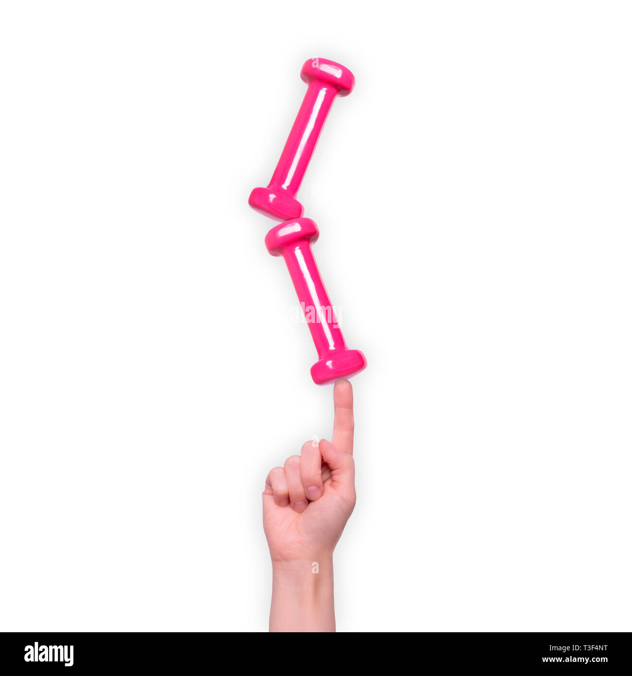 Woman finger hand taking easy pink dumbbells isolated on white ...
