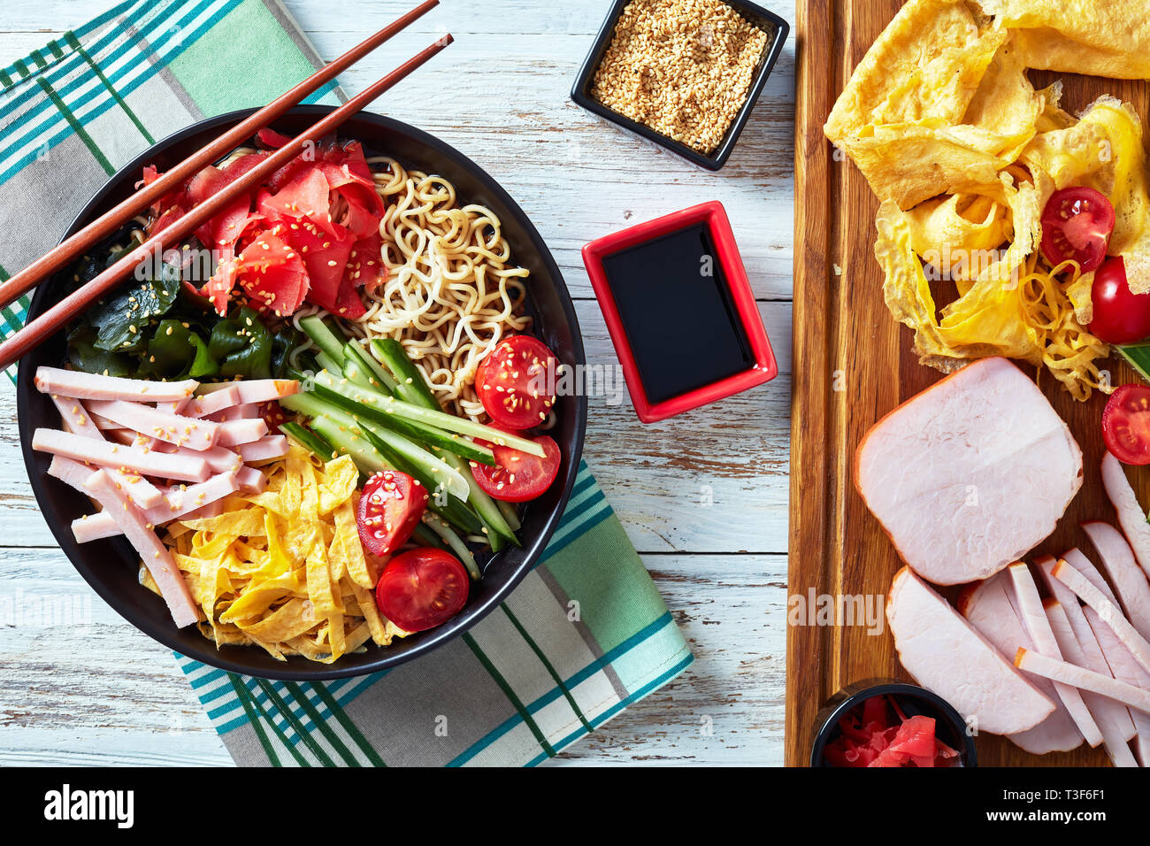 overhead view of Hiyashi chuka, cold ramen summer salad - chilled egg ...