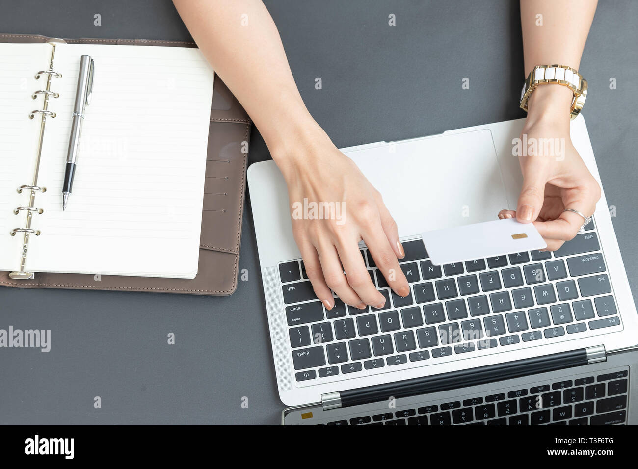 Freelancer business woman using computer laptop and credit cart to ...