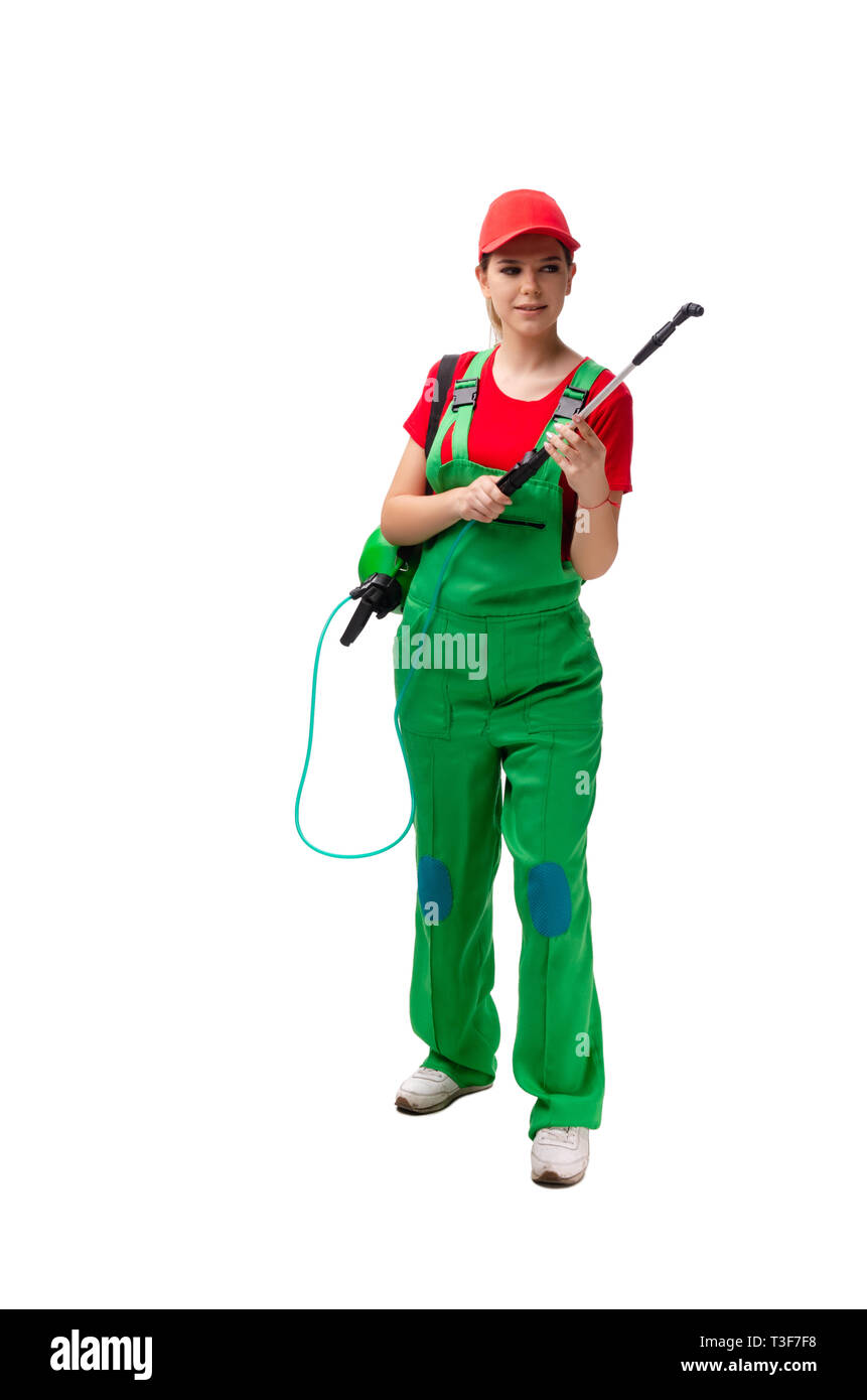 Female pest control contractor isolated on white Stock Photo - Alamy