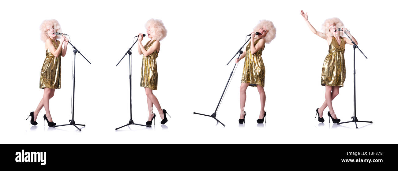Pop star with mic on white Stock Photo - Alamy