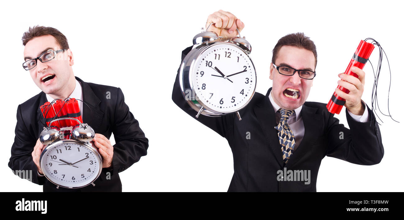 Man with time bomb isolated on white Stock Photo - Alamy