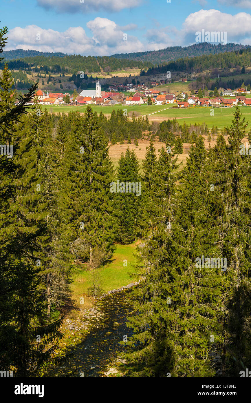 The Jura mountain range: the village of Mouthe viewed from the ...