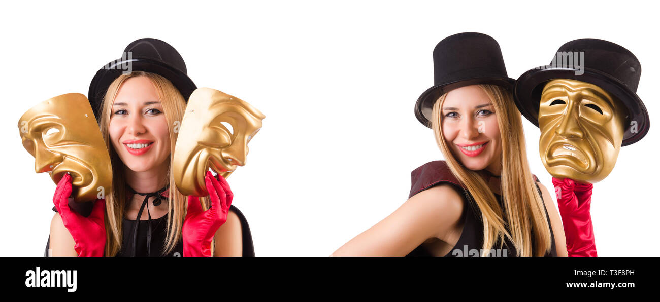 Woman with two masks isolated on white Stock Photo - Alamy