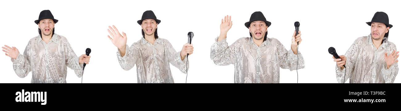 Young man singing with microphone isolated on white Stock Photo - Alamy