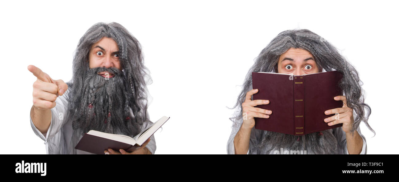 Funny old wizard with book Stock Photo - Alamy