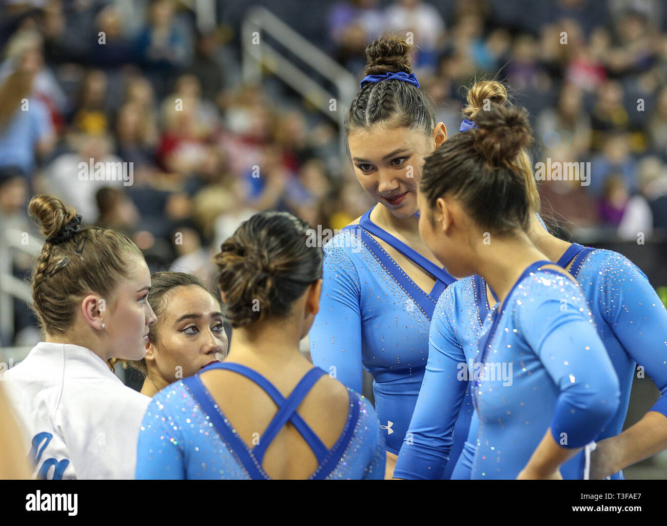 Ann Arbor, MI, USA. 6th Apr, 2019. The UCLA Bruins huddle before their ...