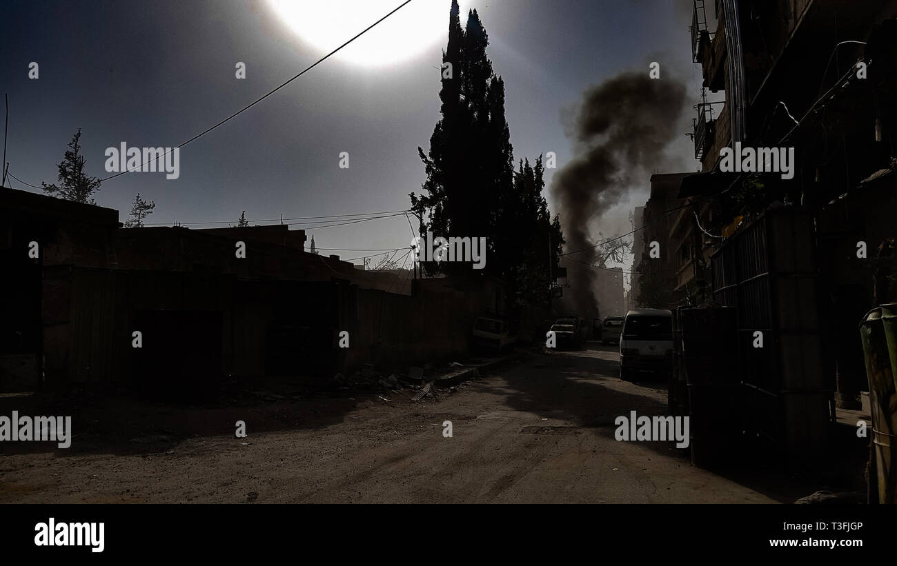 Douma, East of Damascus, Syria. 6th Apr, 2018. A street seen under ...