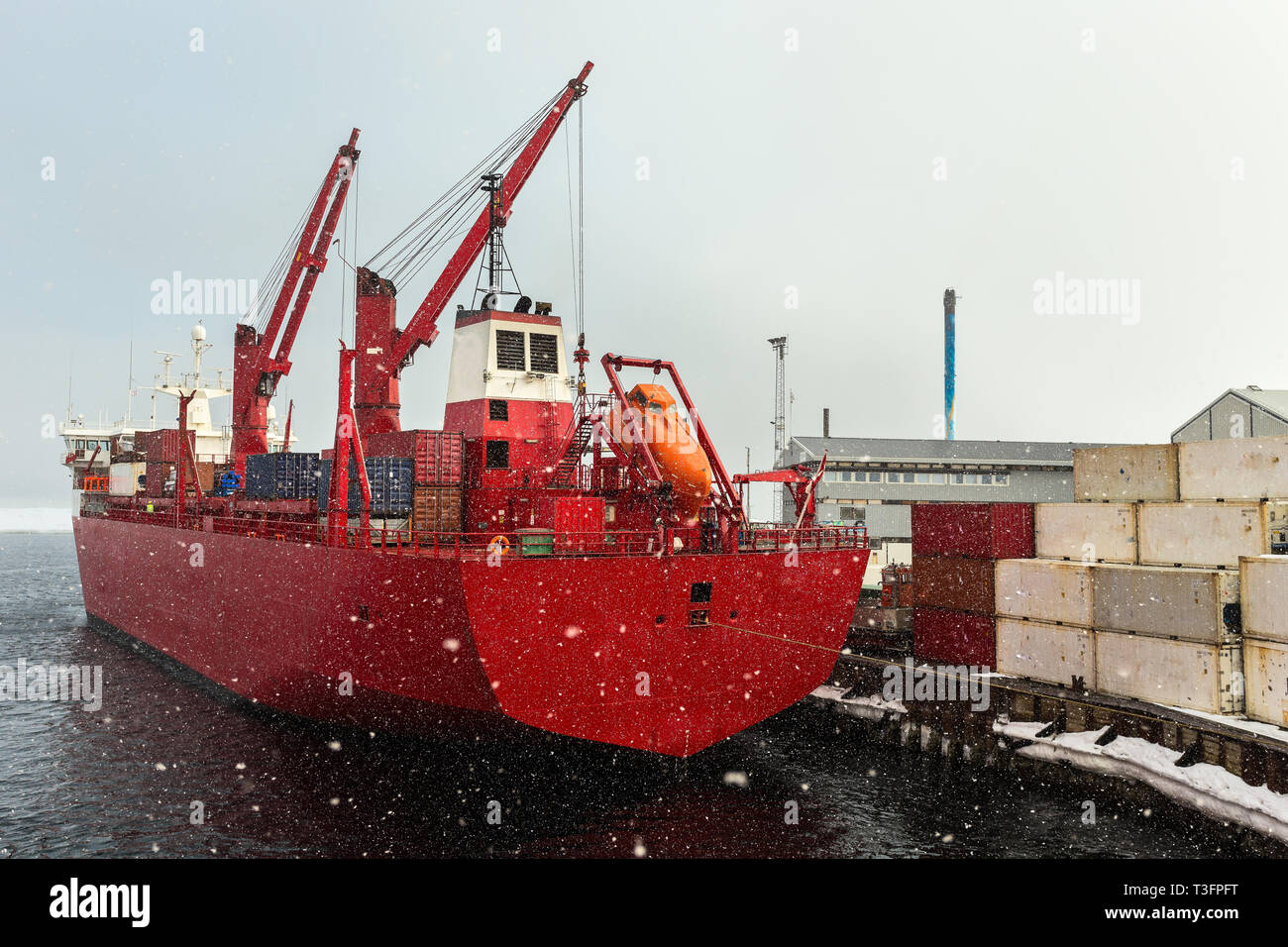 Big red cargo ship under the heavy snowfall in the port of Aasiaat ...