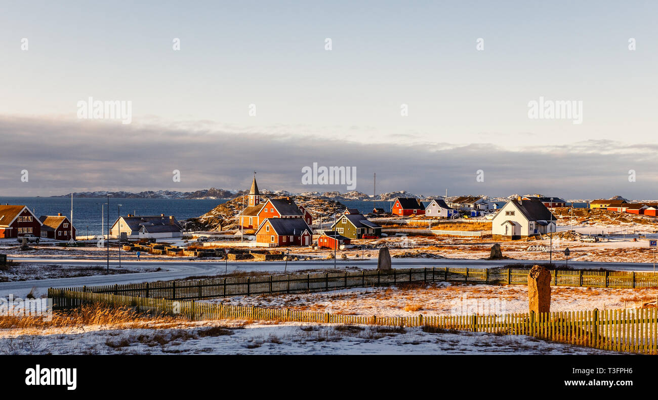 Nuuk city suburb panorama with Inuit houses with sea and the fjord ...