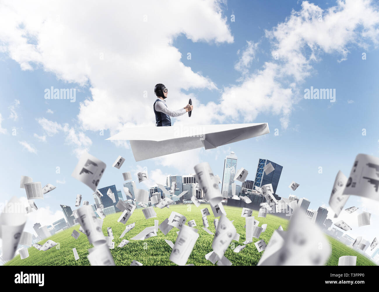 Pilot in leather helmet and goggles sitting in paper plane. Aviator ...