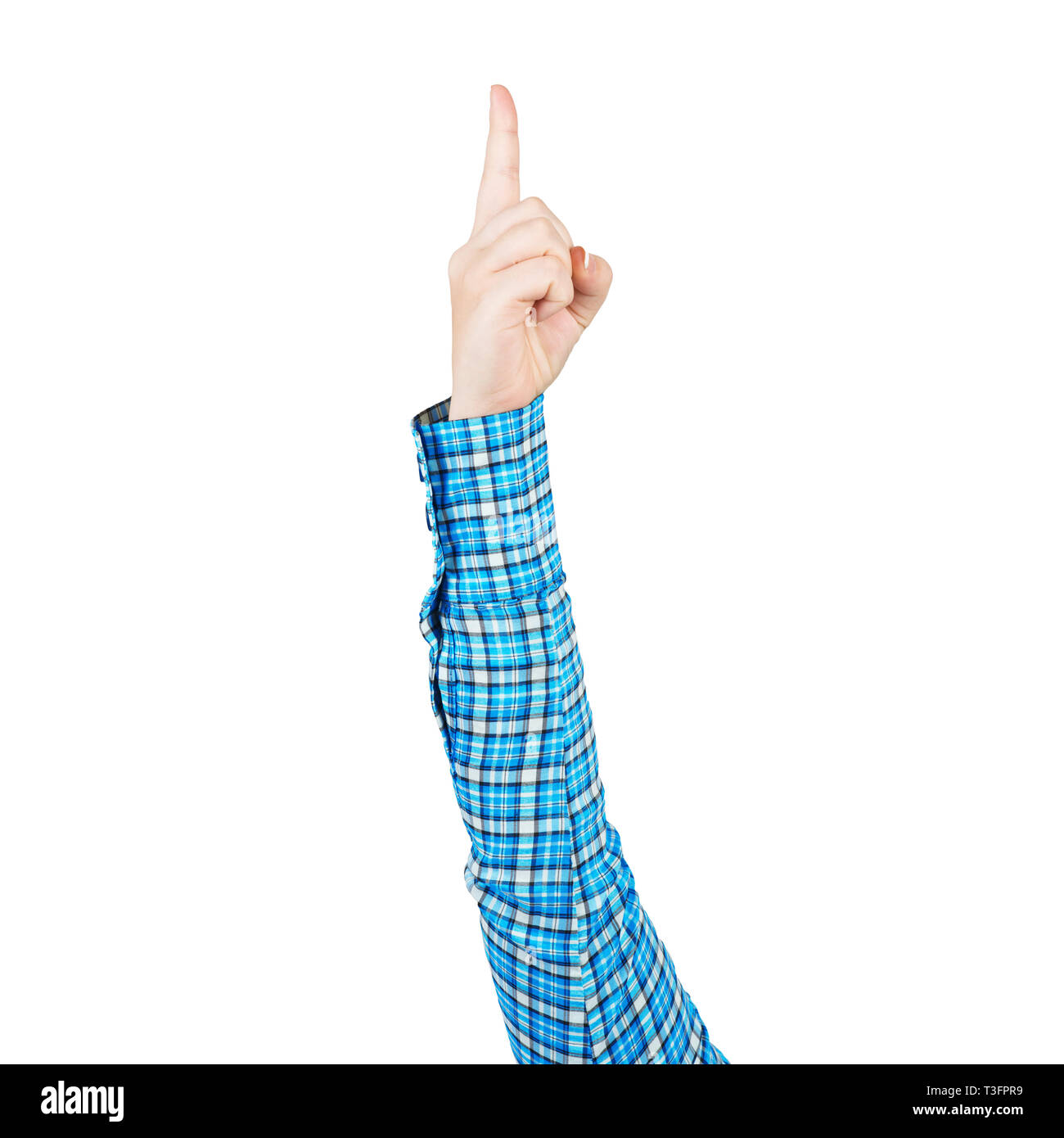Woman hand in blue checkered shirt showing finger pointing gesture with ...