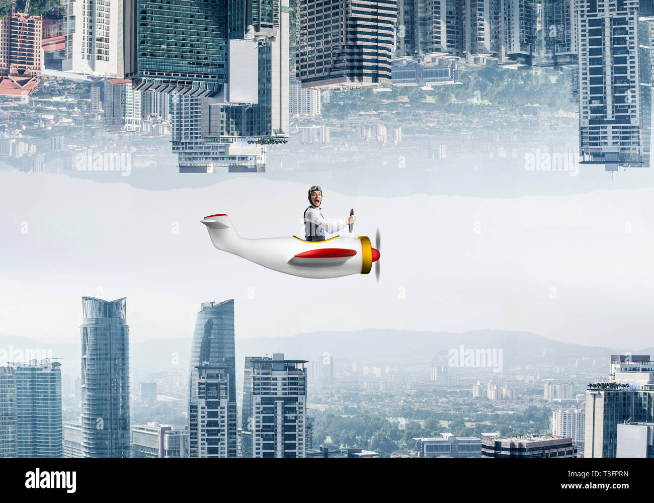 Businessman flying in small airplane. Two modern urban worlds located ...