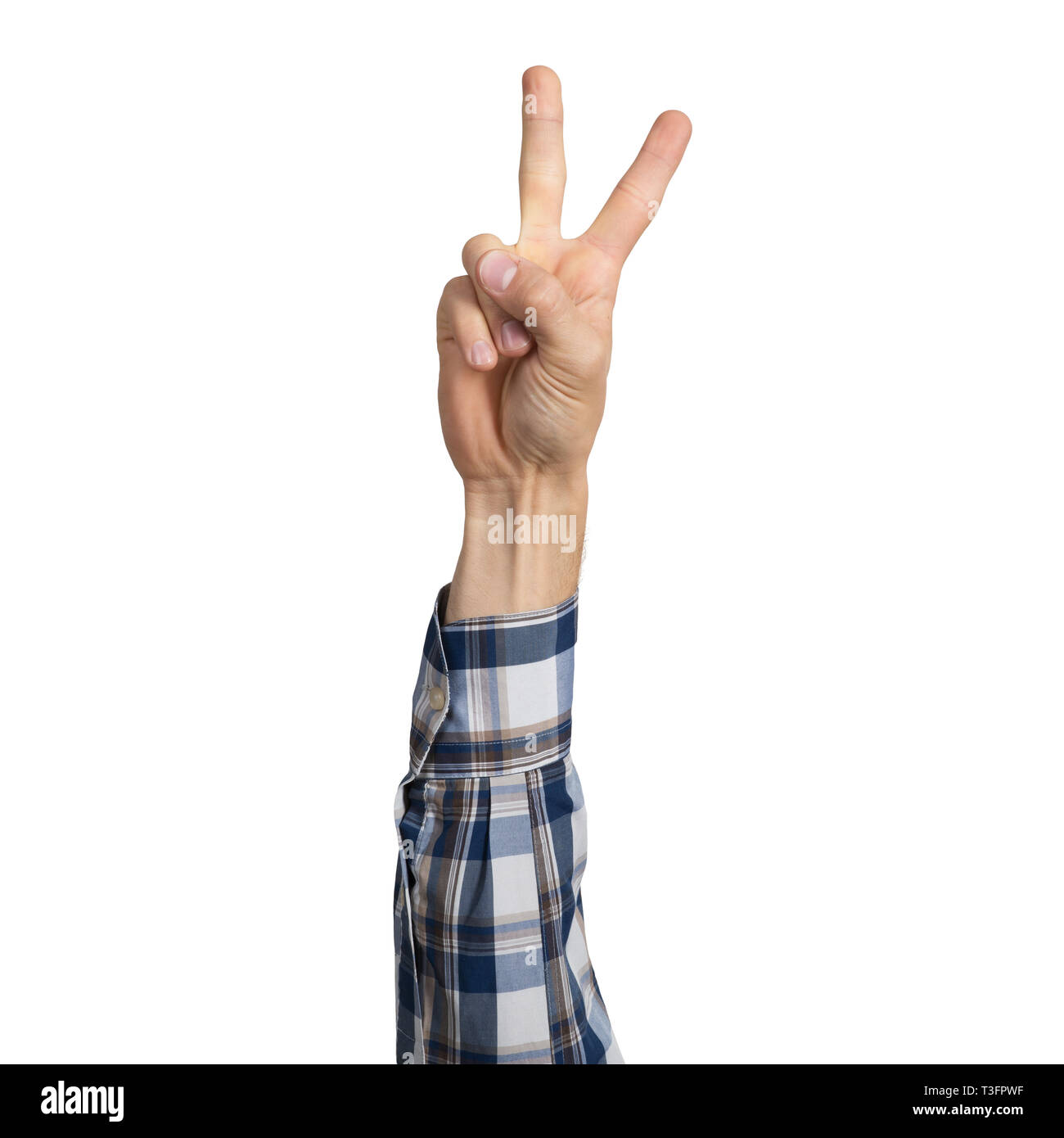 Man hand in blue checkered shirt showing victory gesture. Winning and ...