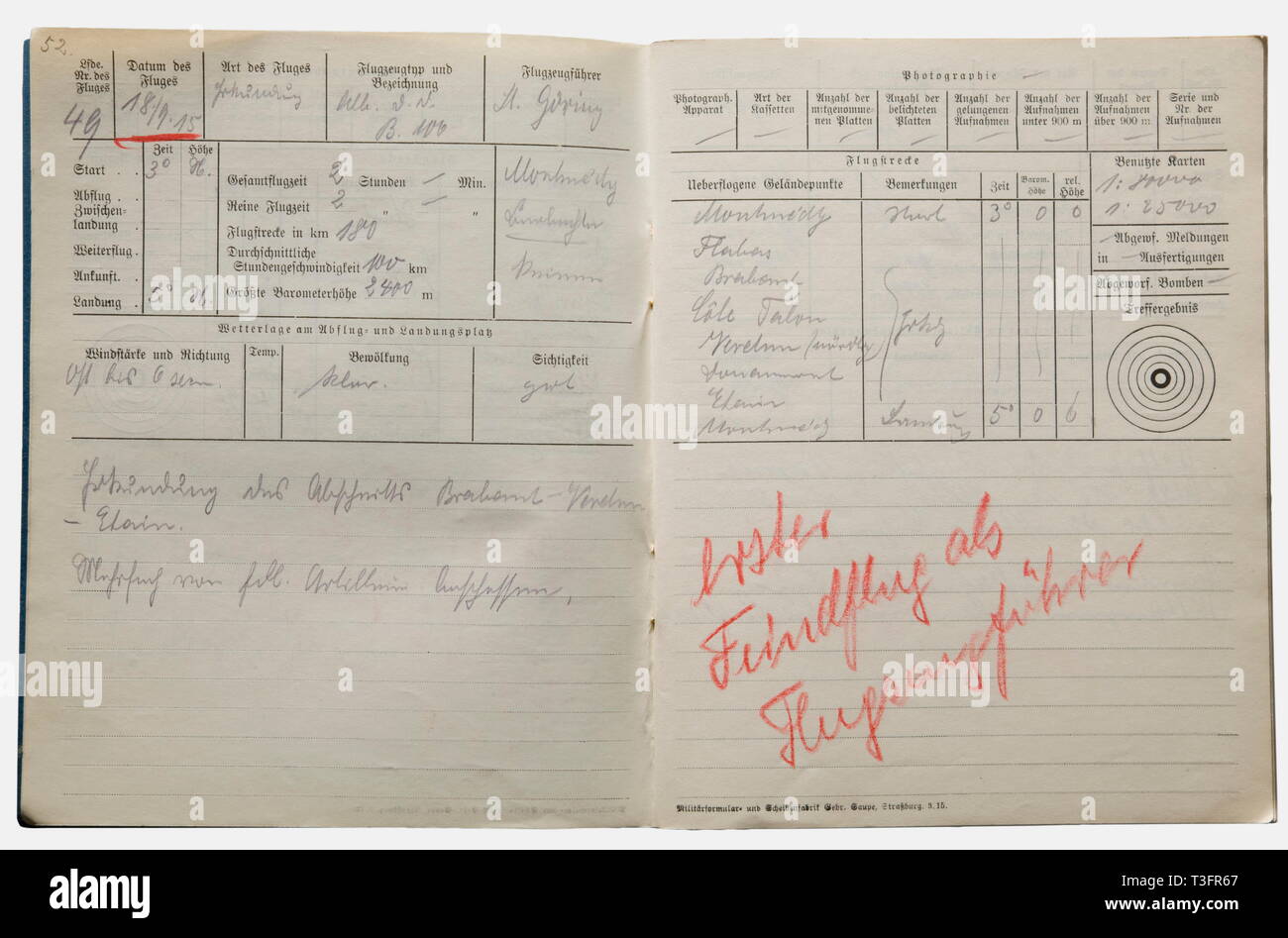 Lieutenant Hermann Göring flight log book "II", dating from 29.6.1915 ...