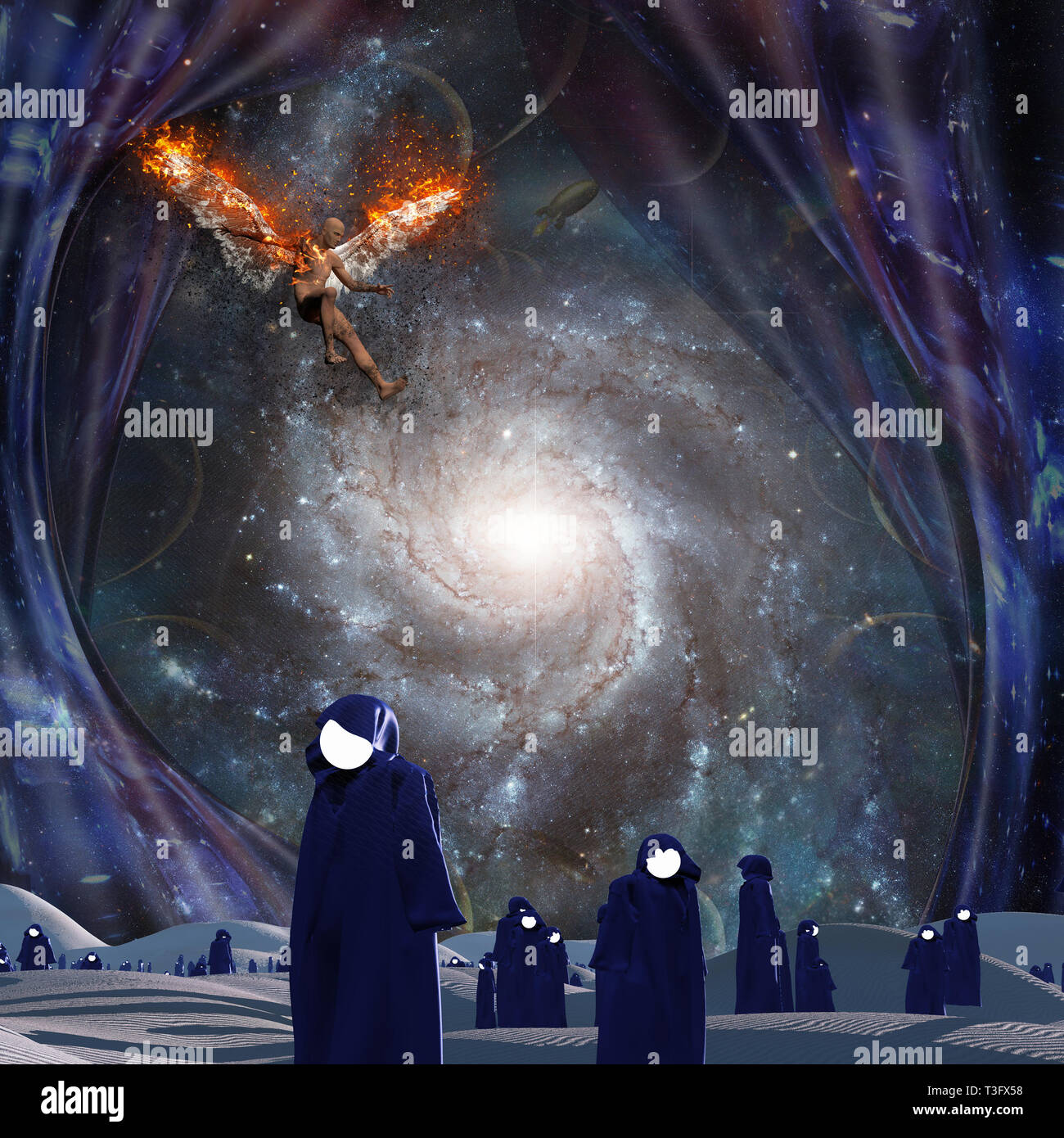 Fallen angel with burning wings. Faceless pilgrims in surreal desert ...