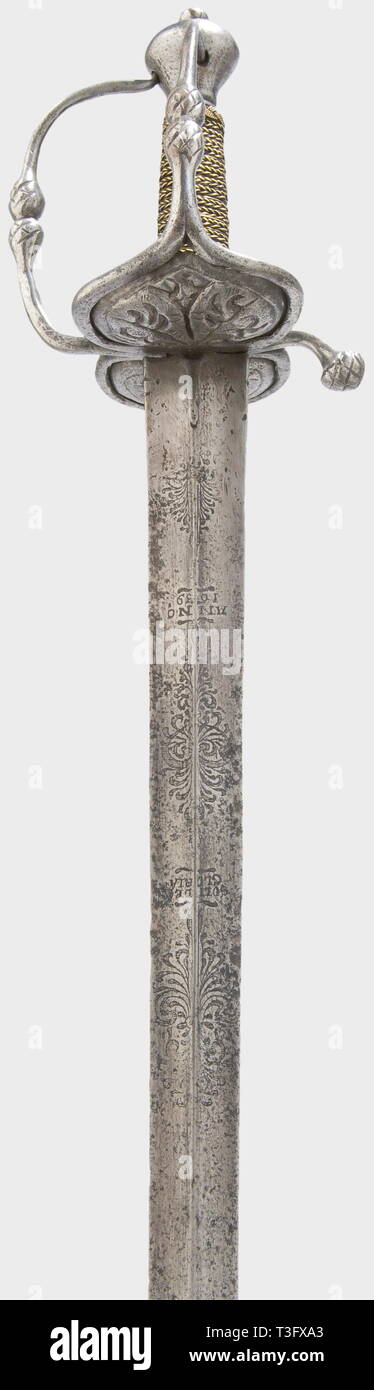 A German broadsword, dated 1639 Double-edged ridged blade. The lower ...