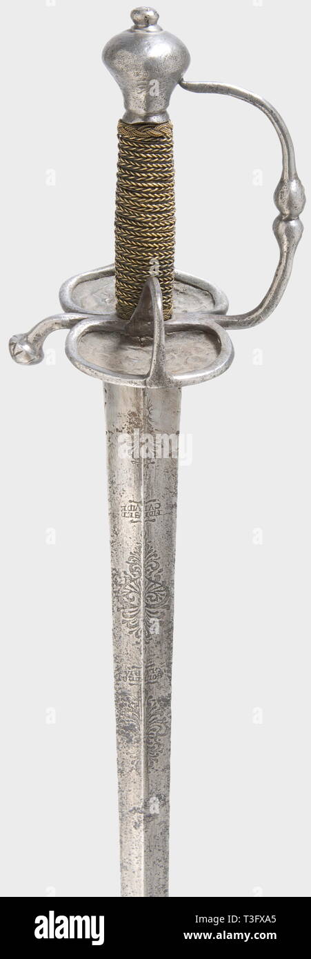 A German broadsword, dated 1639 Double-edged ridged blade. The lower ...