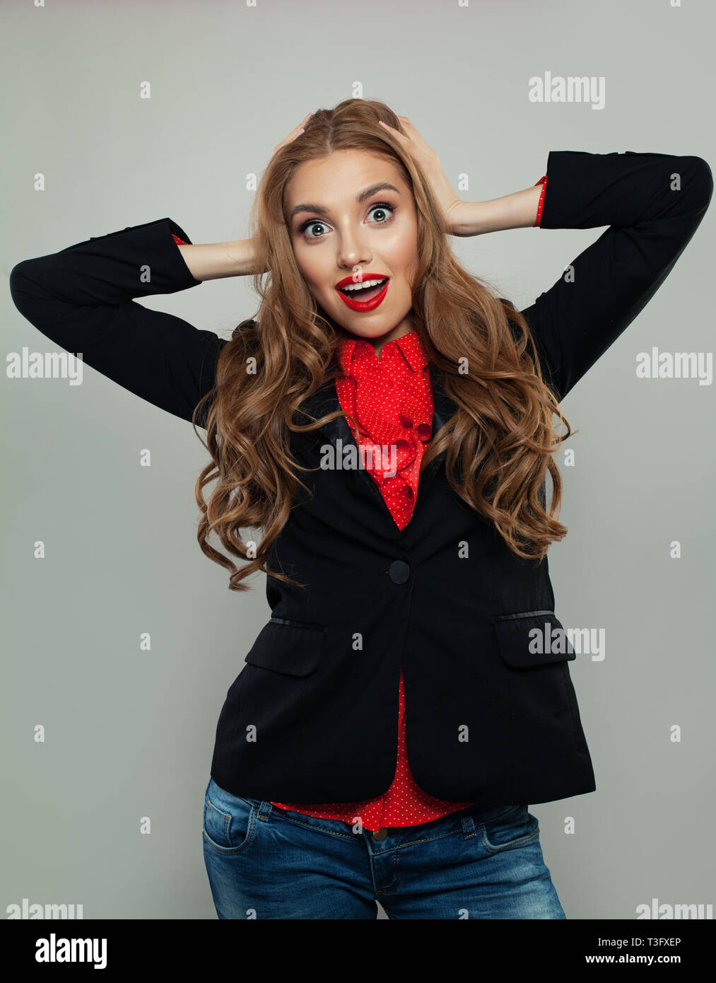 Happy model smiling on white background. Business woman in black suit ...