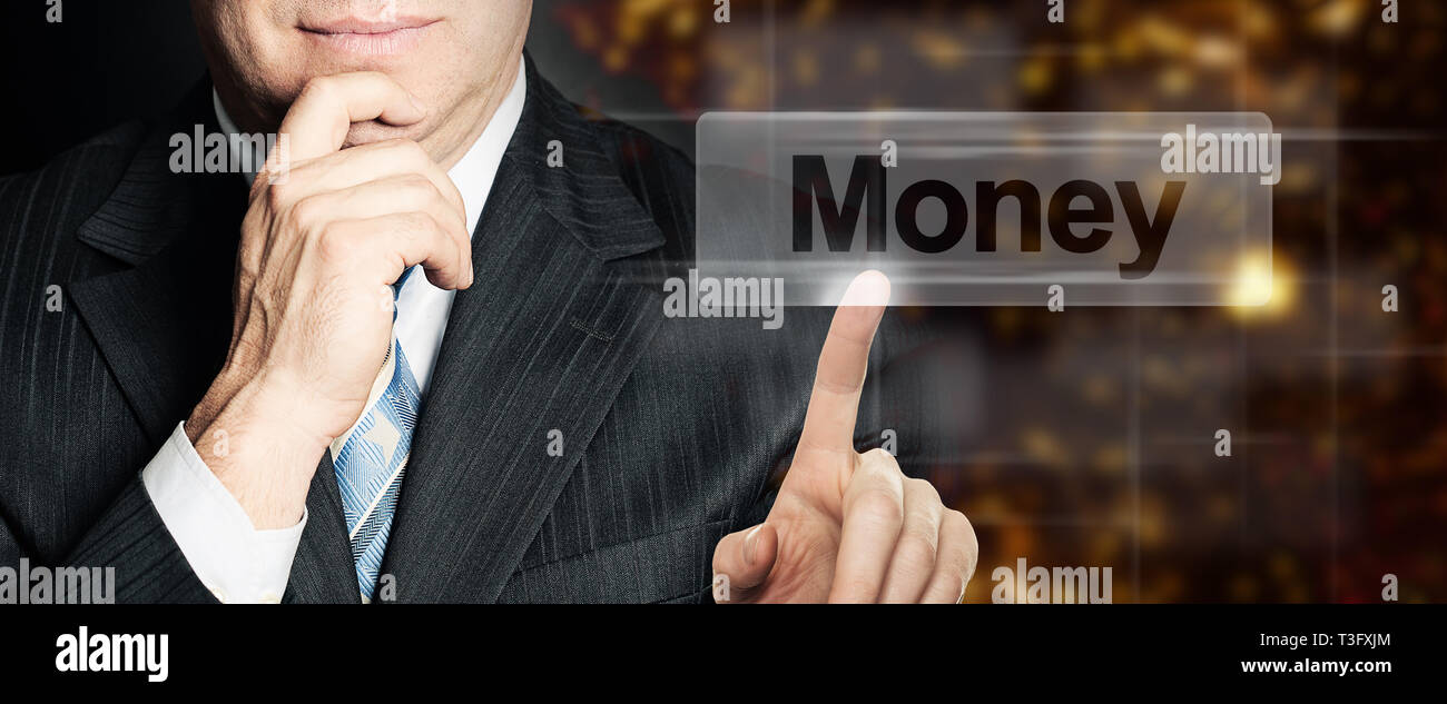 Businessman hand touching button Money, modern business background ...