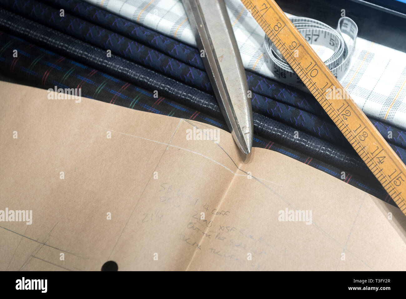 Tailoring Scissors, Measuring Tape, Swatches of Fabric and Paper Stock ...