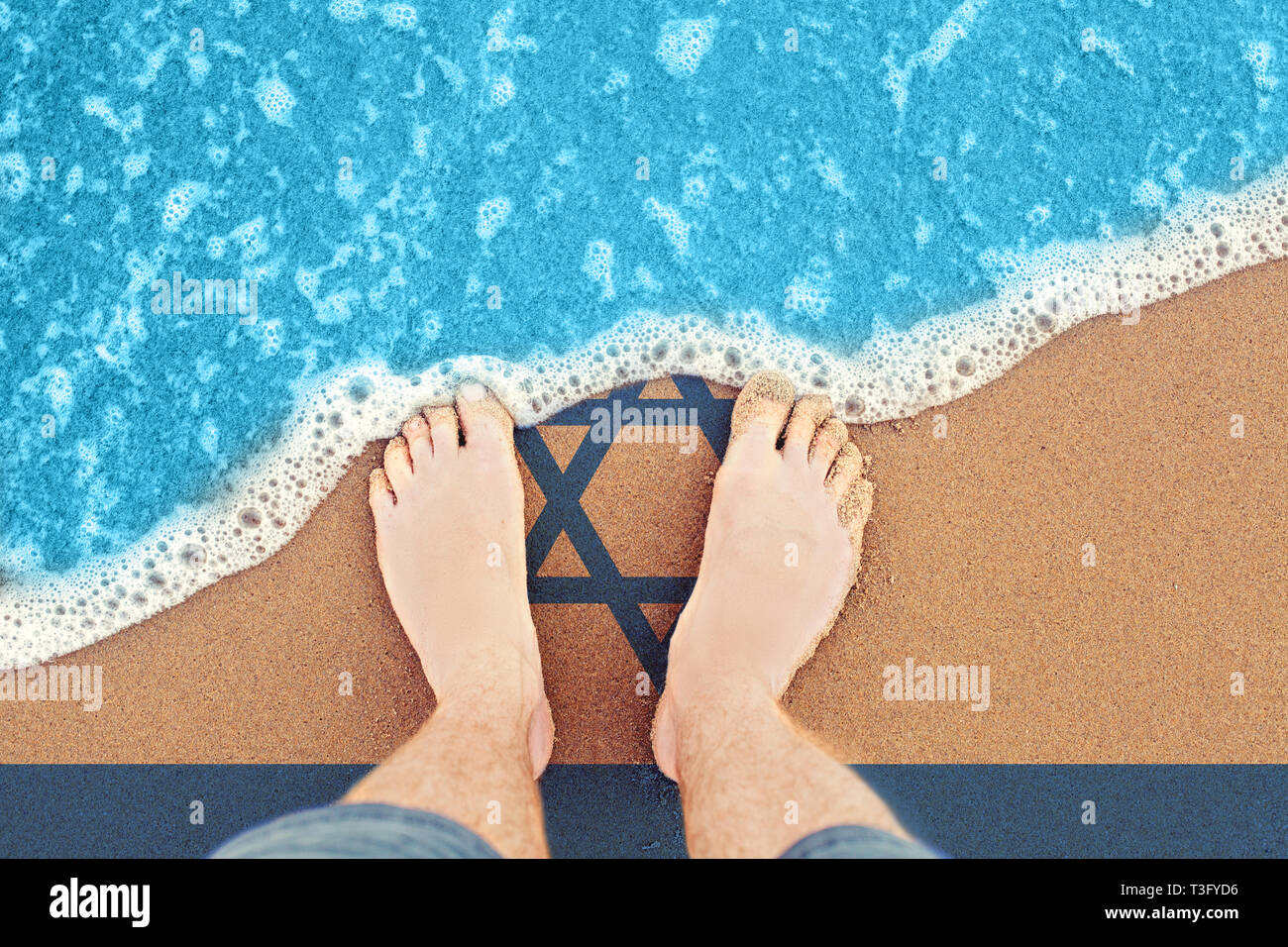 Feet on the sunny sandy beach with flag Israel. Top View on surf Stock ...
