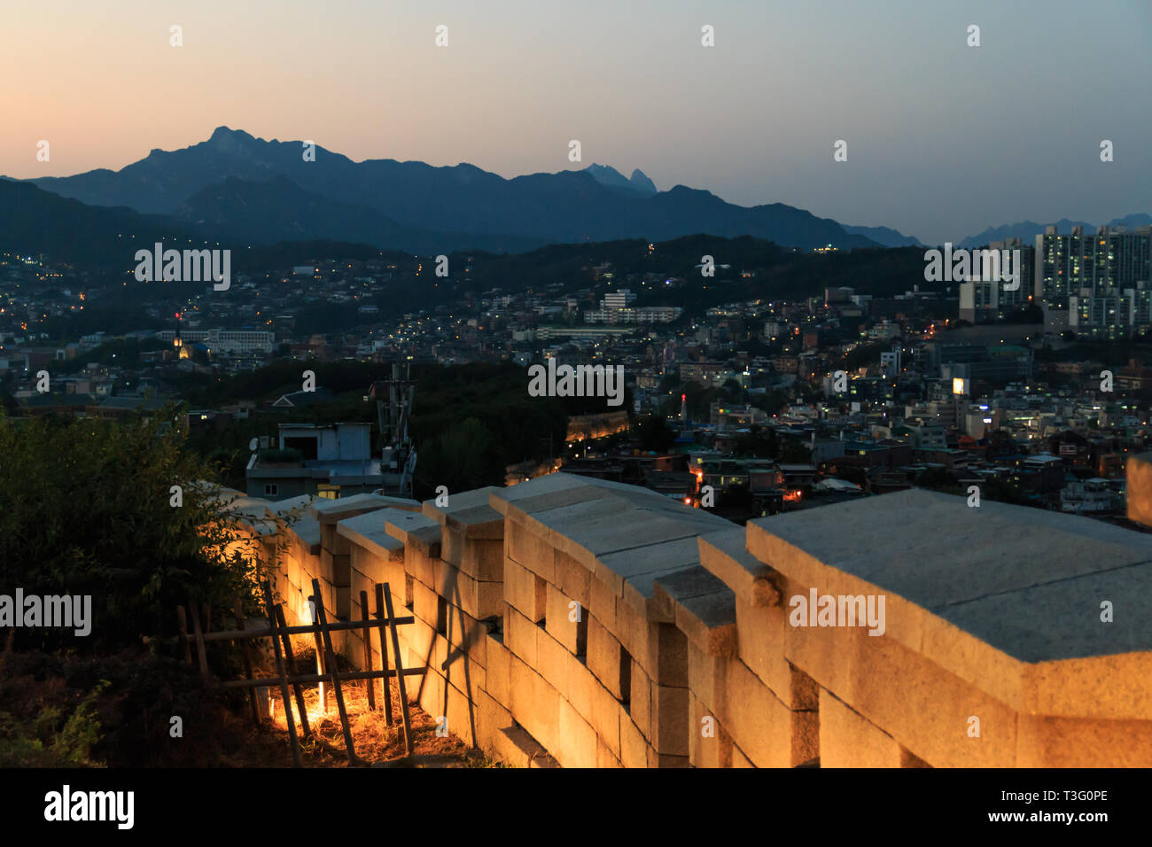 Night view of Hanyangdoseong, a fortress wall in Seoul city in Korea ...