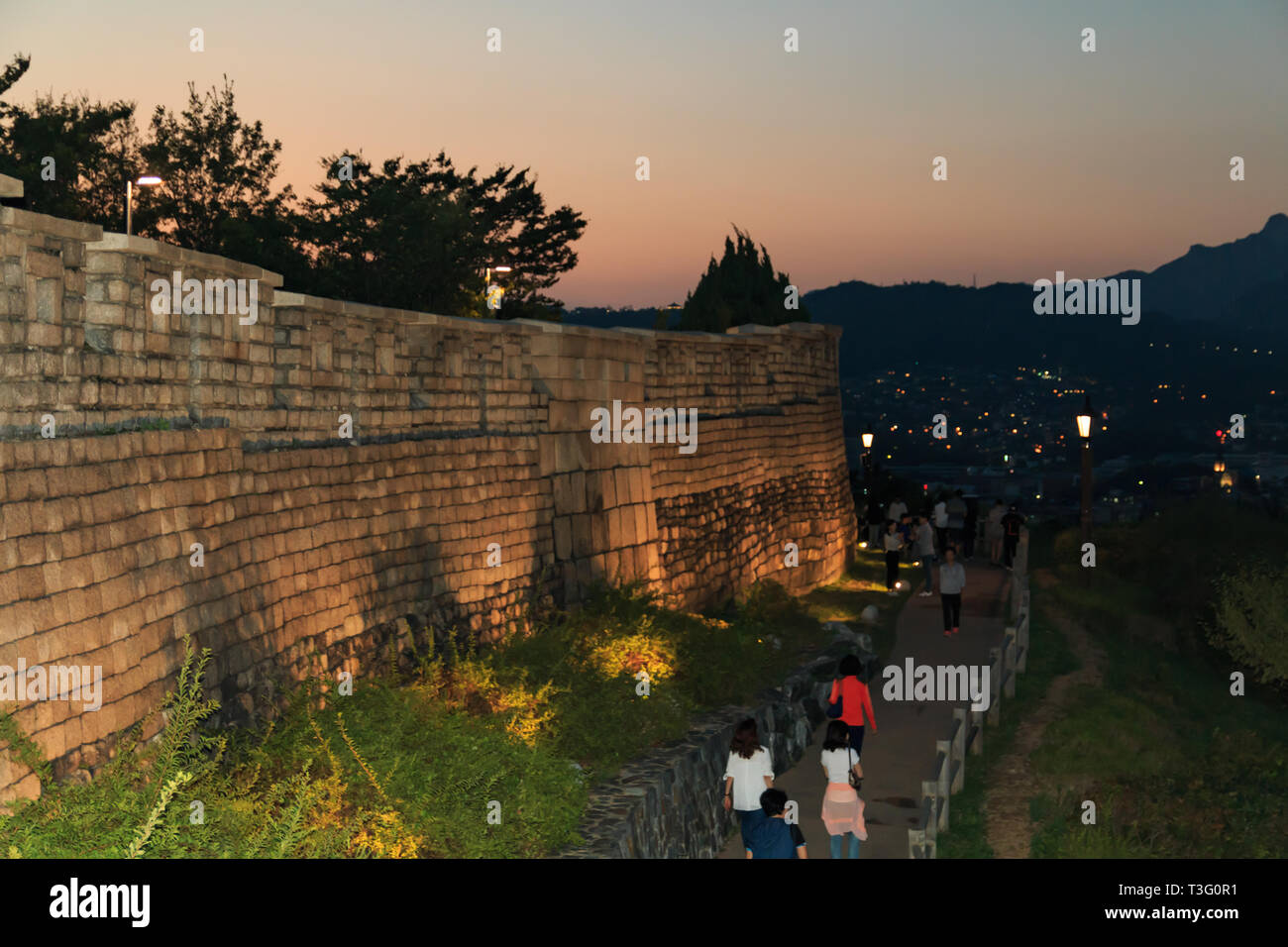 Night view of Hanyangdoseong, a fortress wall in Seoul city in Korea ...