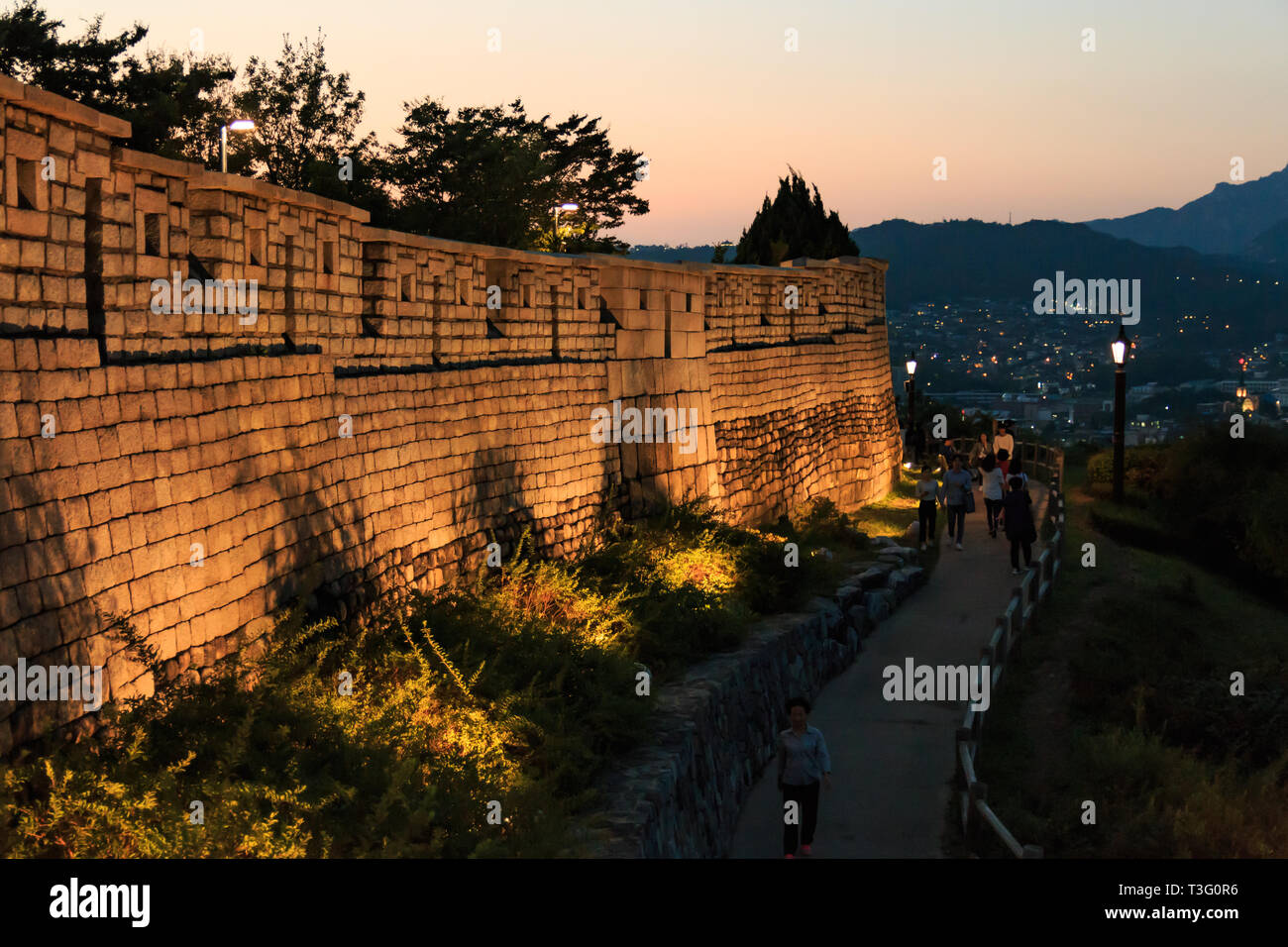 Night view of Hanyangdoseong, a fortress wall in Seoul city in Korea ...