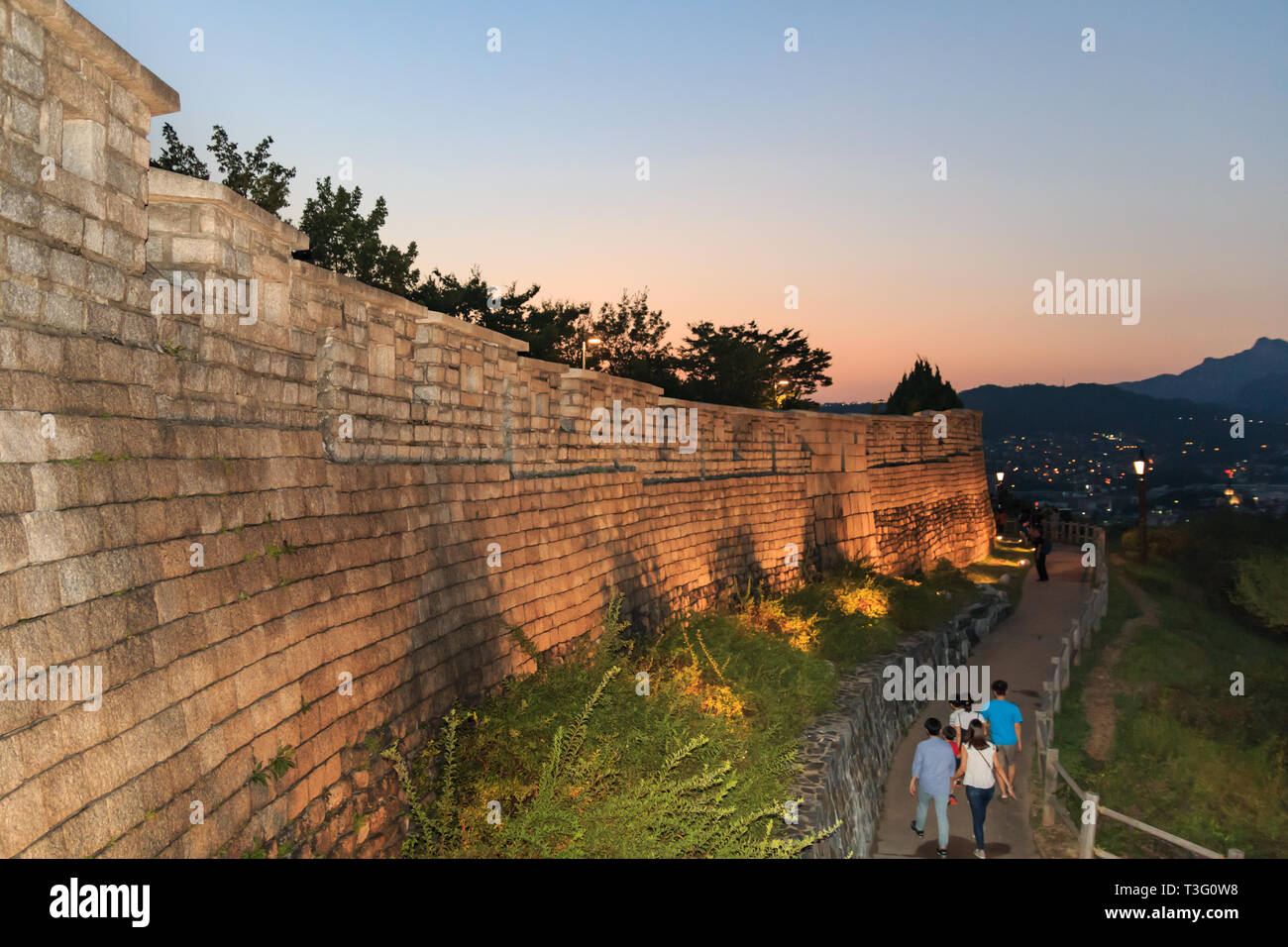 Night view of Hanyangdoseong, a fortress wall in Seoul city in Korea ...