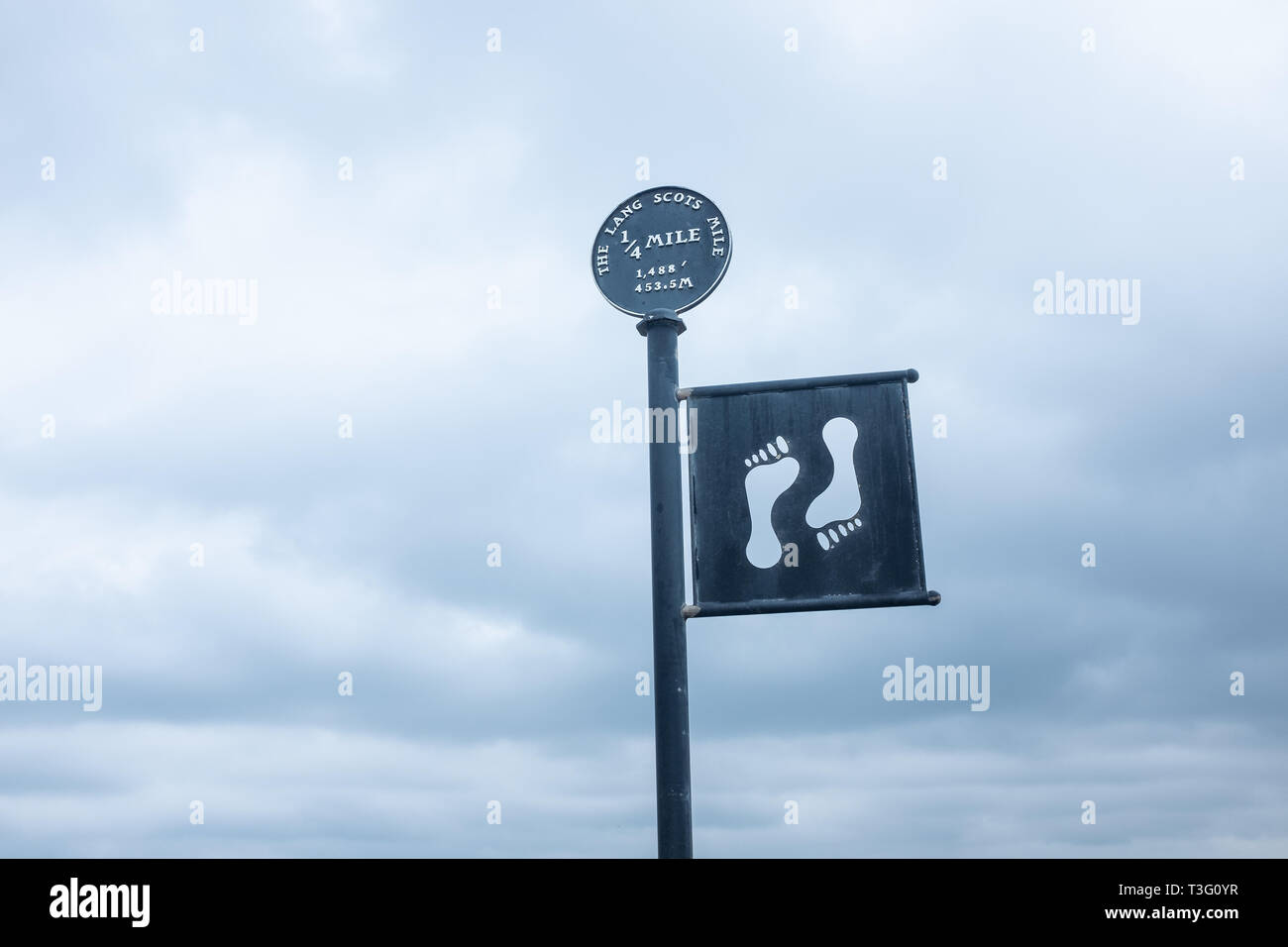 Sign indicating the Lang Scots Mile along the Ayr beachfront shoreline ...