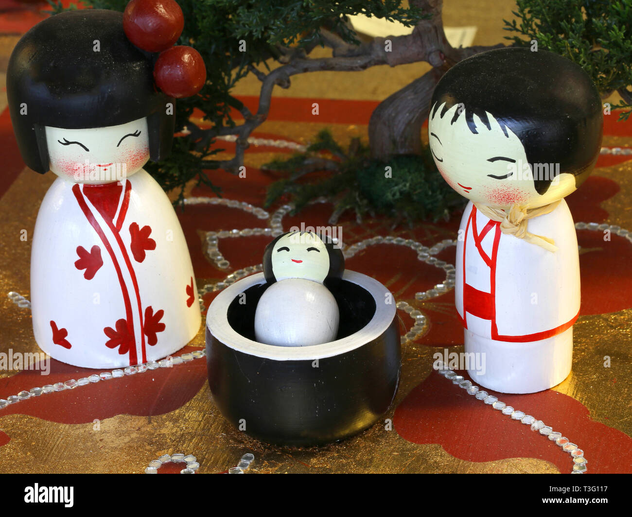 Representation in the Japanese style of Nativity Scene with statuettes ...