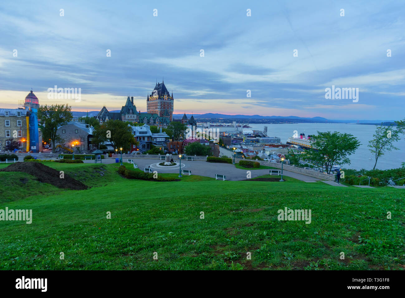 Sunset view of the old town and the Saint Lawrence River from the ...