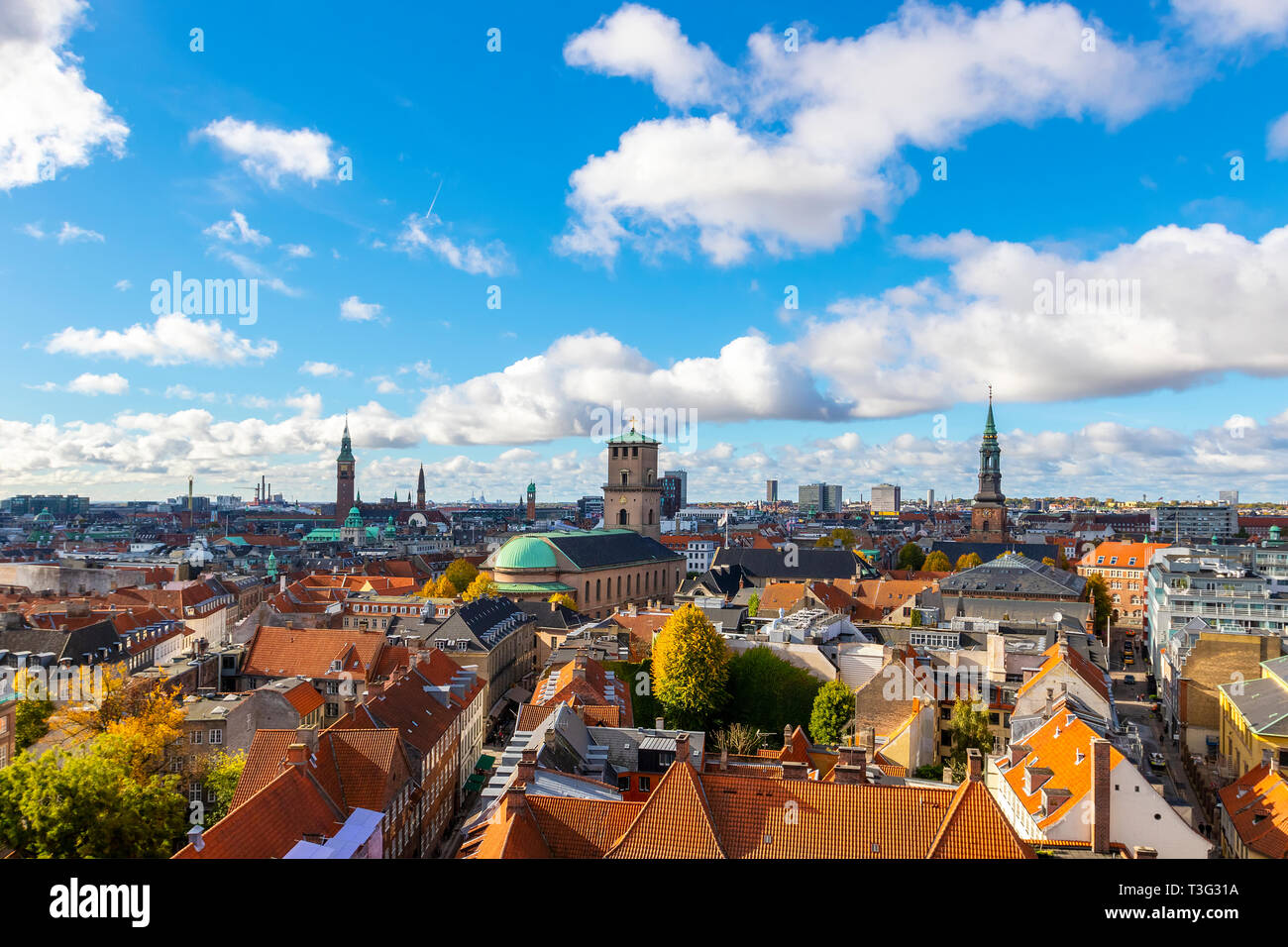 Beautiful view of the Copenhagen from top on round tower in warm sunny ...