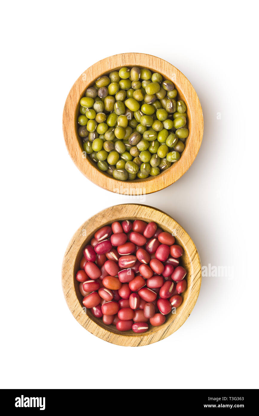 Red adzuki beans and green mungo beans isolated on white background ...
