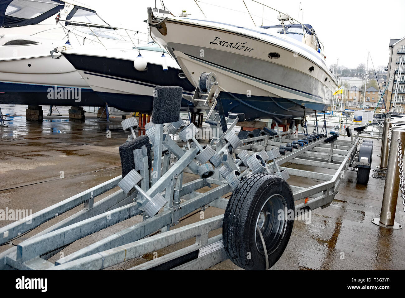 April 2019 - Rollers at the head of a large boat trailer in Portishead ...