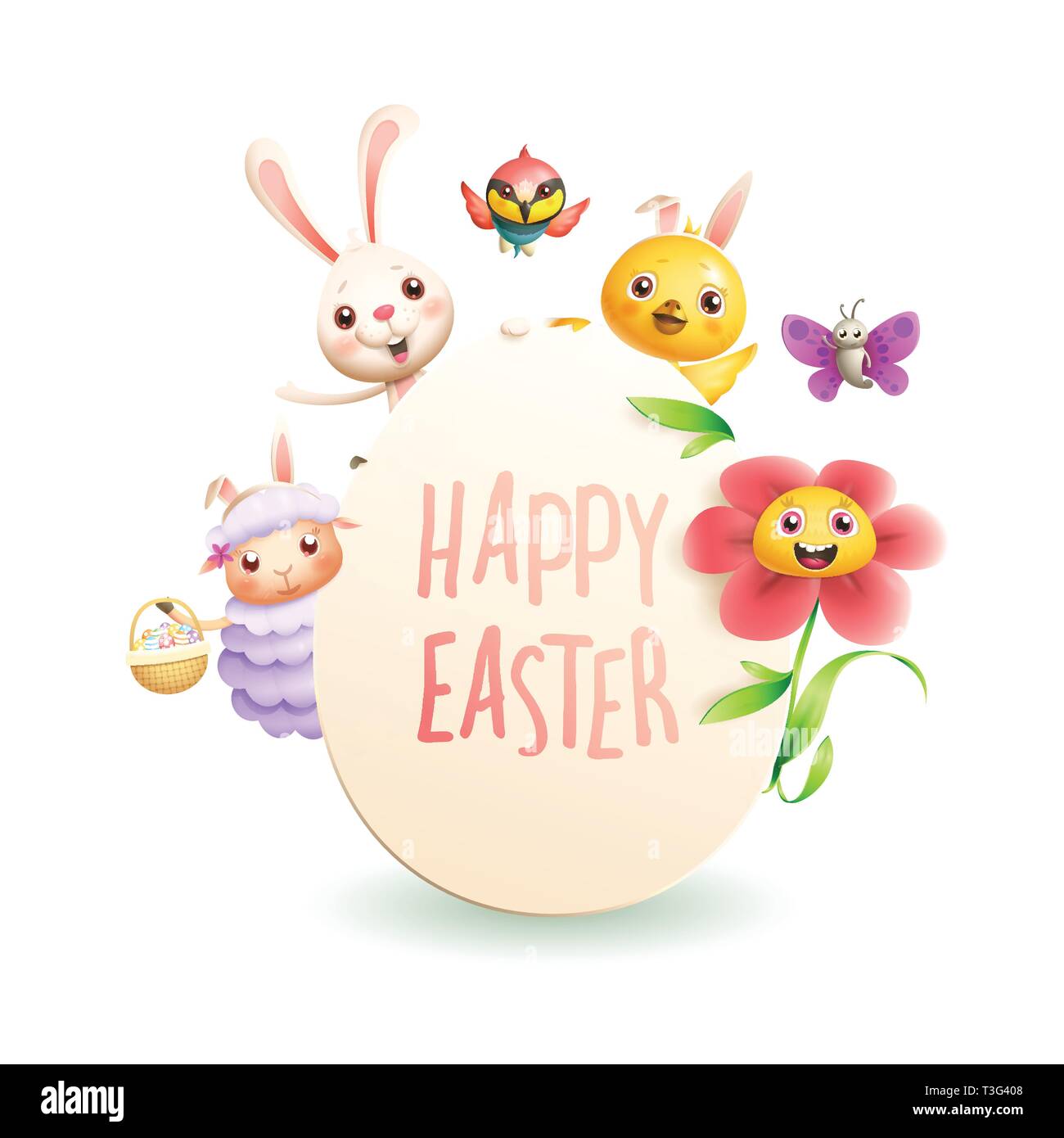 Easter greeting card - animal characters on egg shape celebrate Easter ...