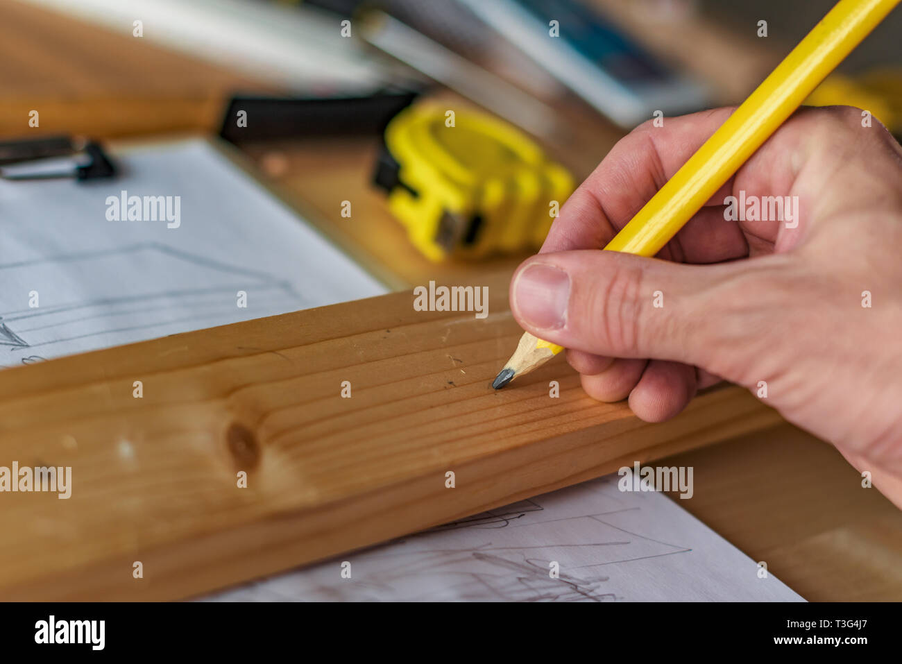 Carpenter marking pine wood plank for cutting in woodwork workshop ...