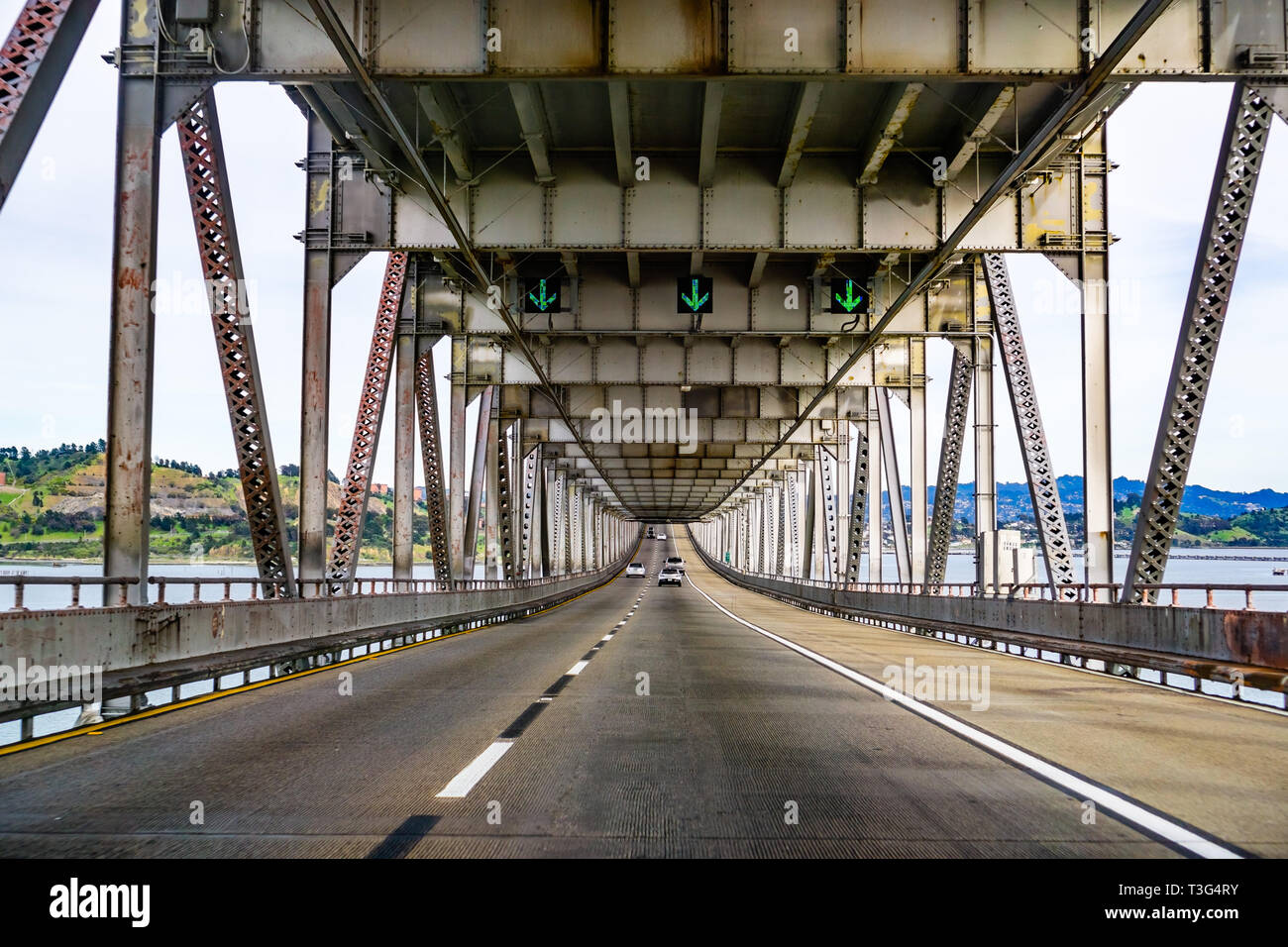 Driving on Richmond - San Rafael bridge (John F. McCarthy Memorial Bridge), San Francisco bay ...