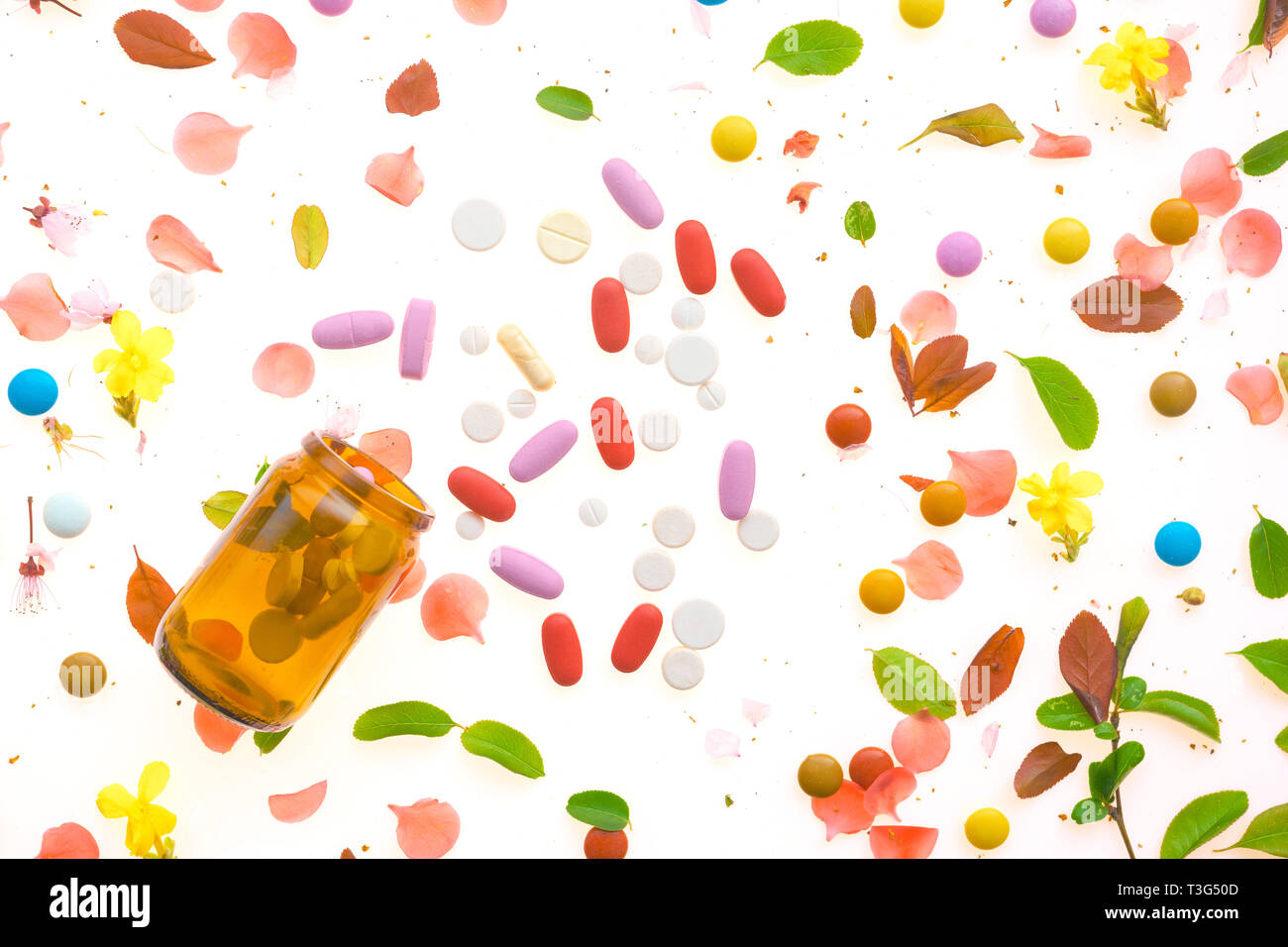 Recreational drugs conceptual flat lay top view of various medication ...