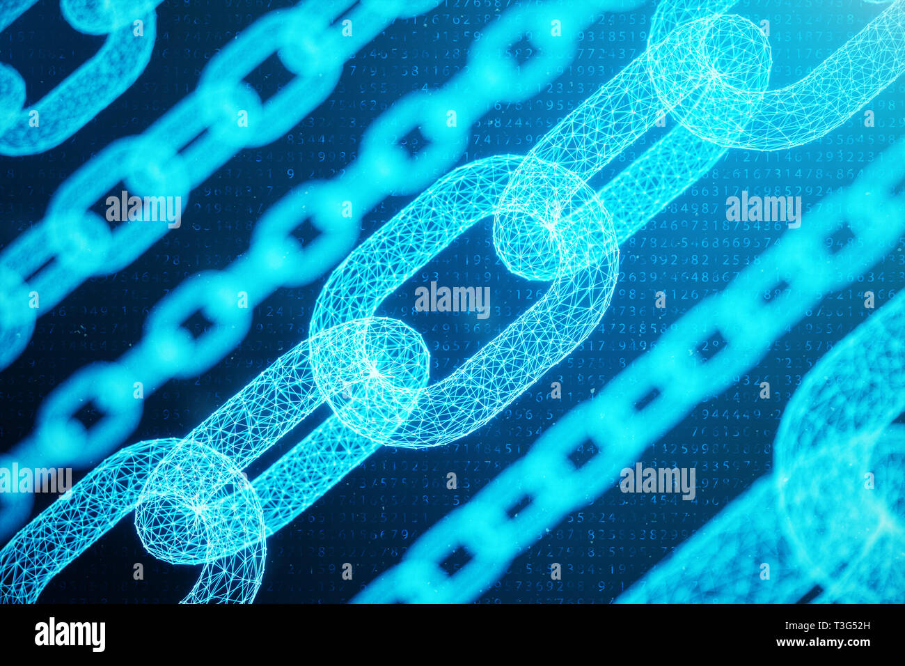 3D illustration digital block chain code. Chain links network. Low polygonal grid of triangles ...