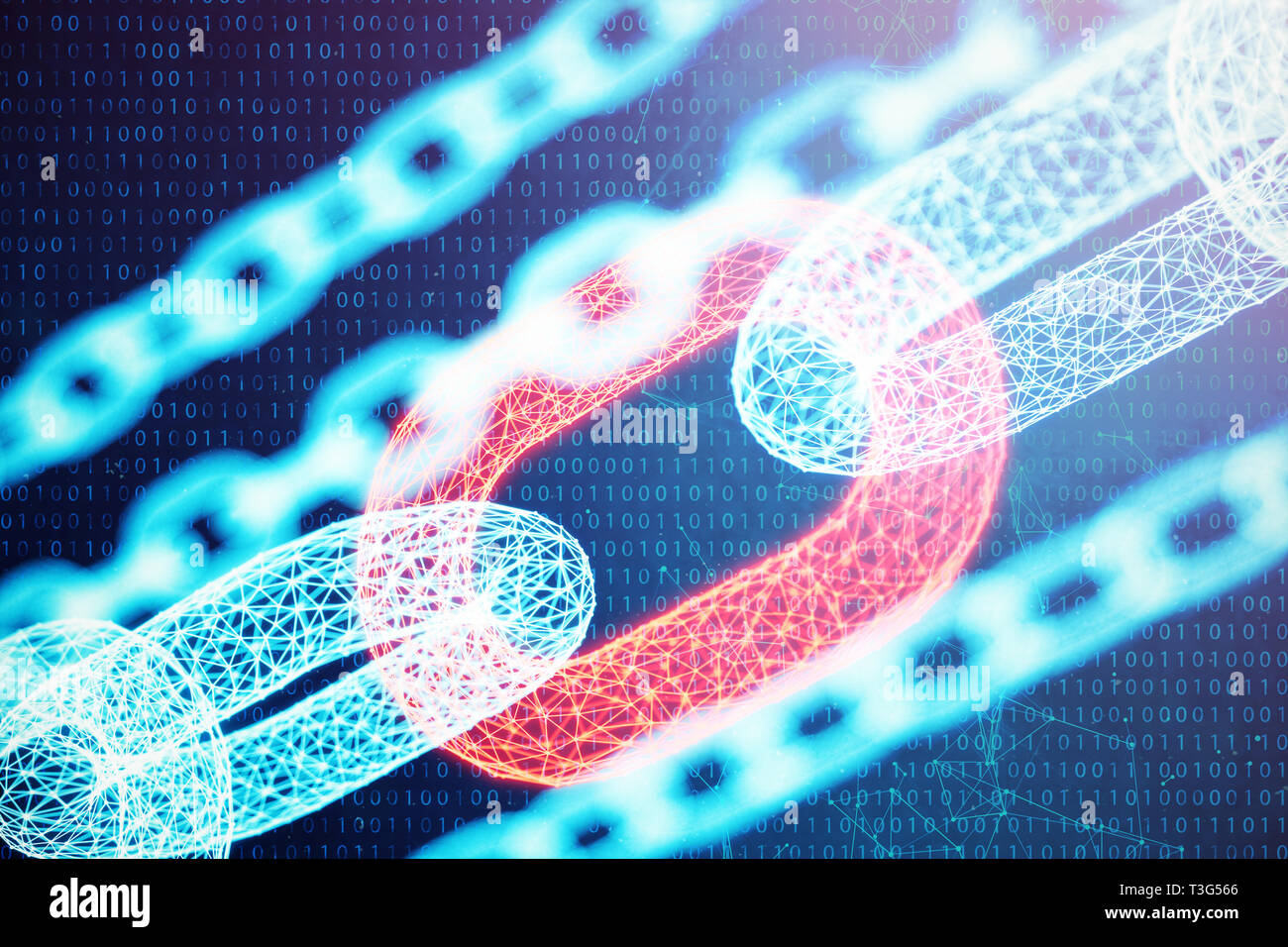 3D illustration digital block chain code. Chain links network. Low ...
